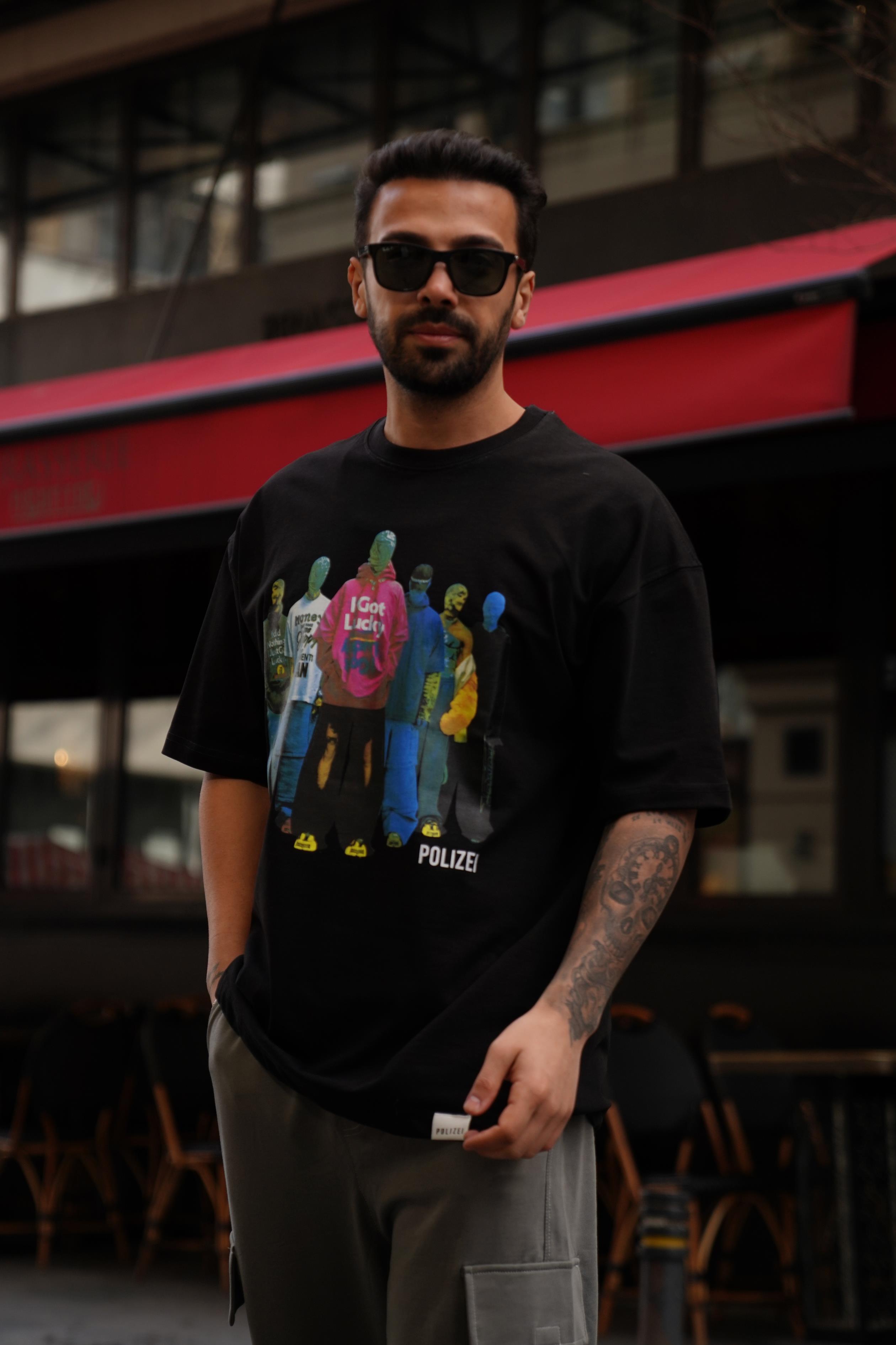 Siyah 2 İplik Renkli Manken Baskılı Oversize T-Shirt MHL - SC Sarvin