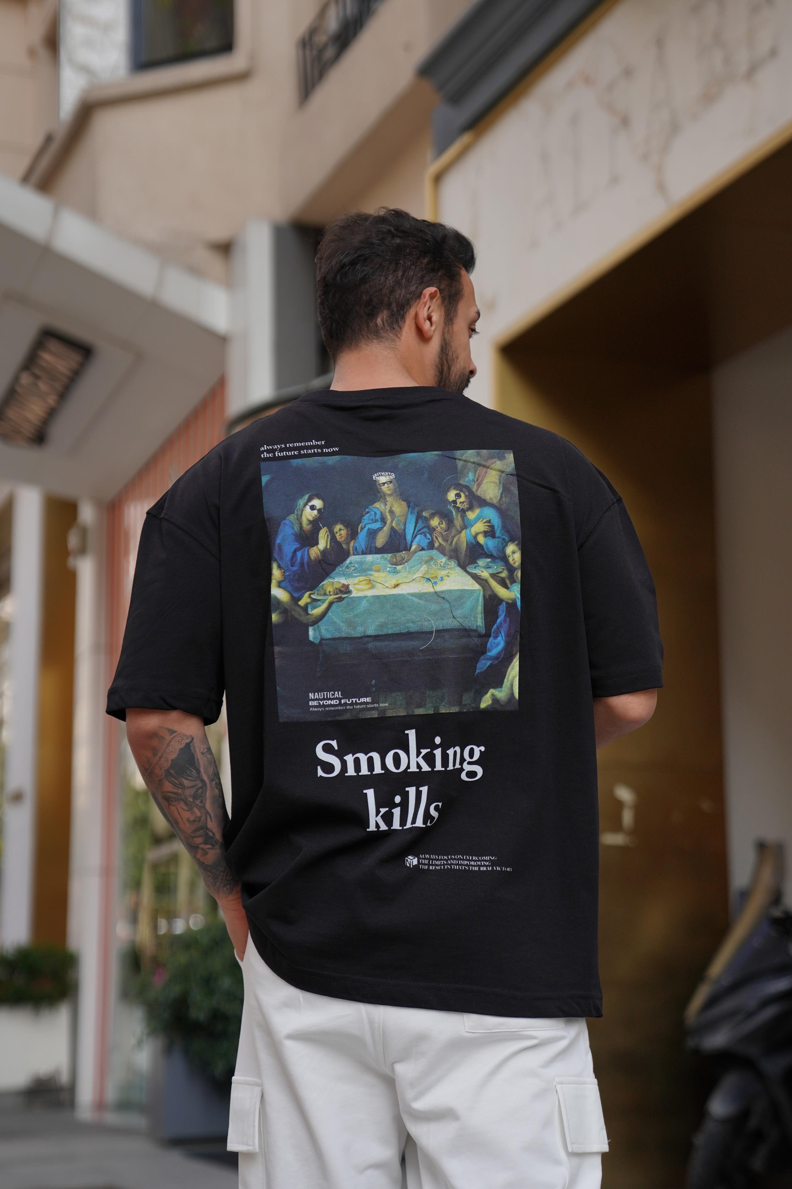 Siyah Smoking Kills Sırt Baskılı Oversize T-Shirt MHL - SC Sarvin