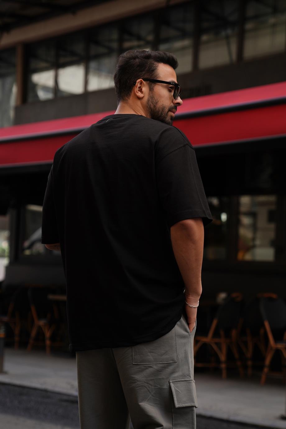 Siyah 2 İplik Renkli Manken Baskılı Oversize T-Shirt MHL - SC Sarvin