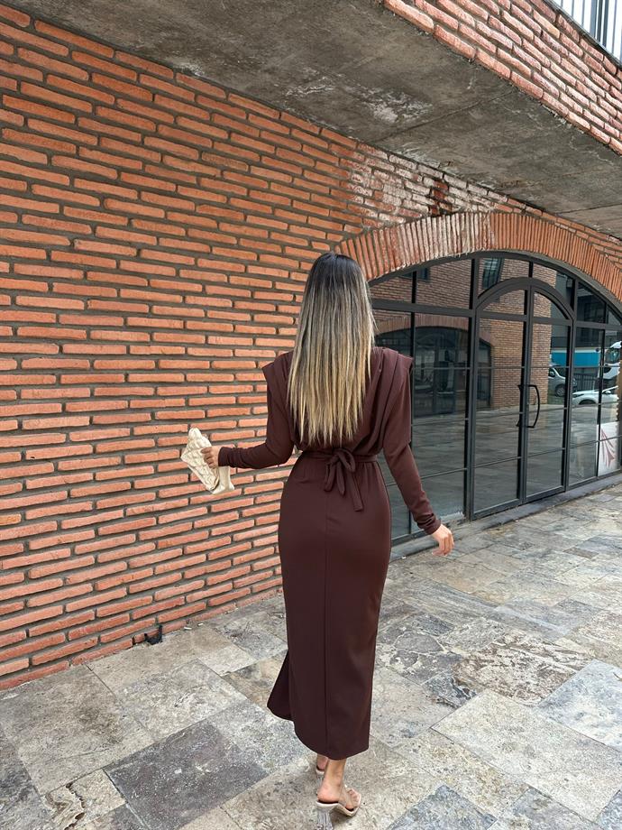 Alessi Gold Kuşaklı Kahverengi Elbise