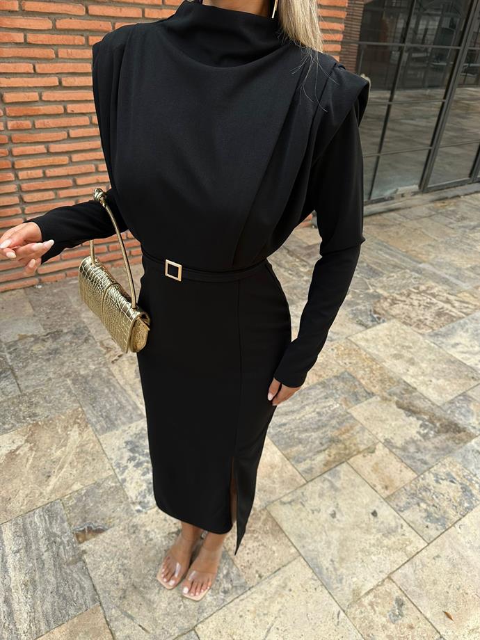 Alessi Gold Kuşaklı Siyah Elbise