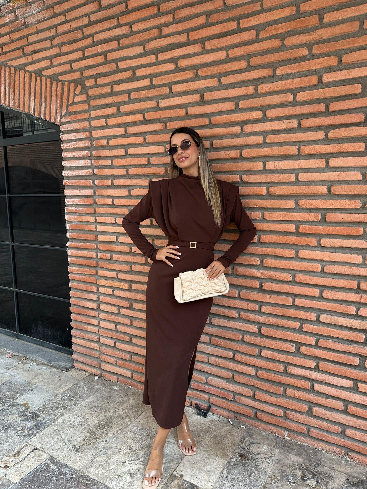 Alessi Gold Kuşaklı Kahverengi Elbise