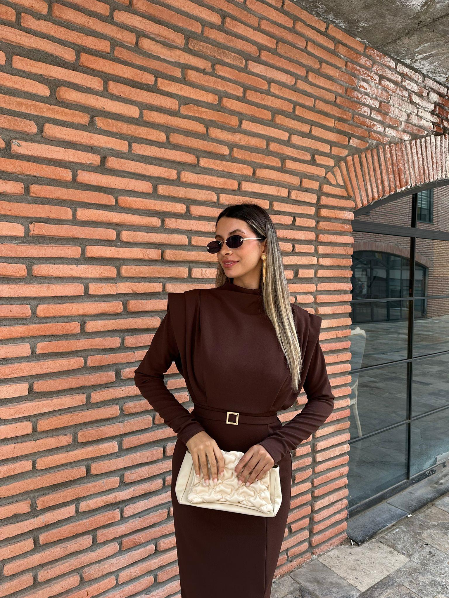 Alessi Gold Kuşaklı Kahverengi Elbise