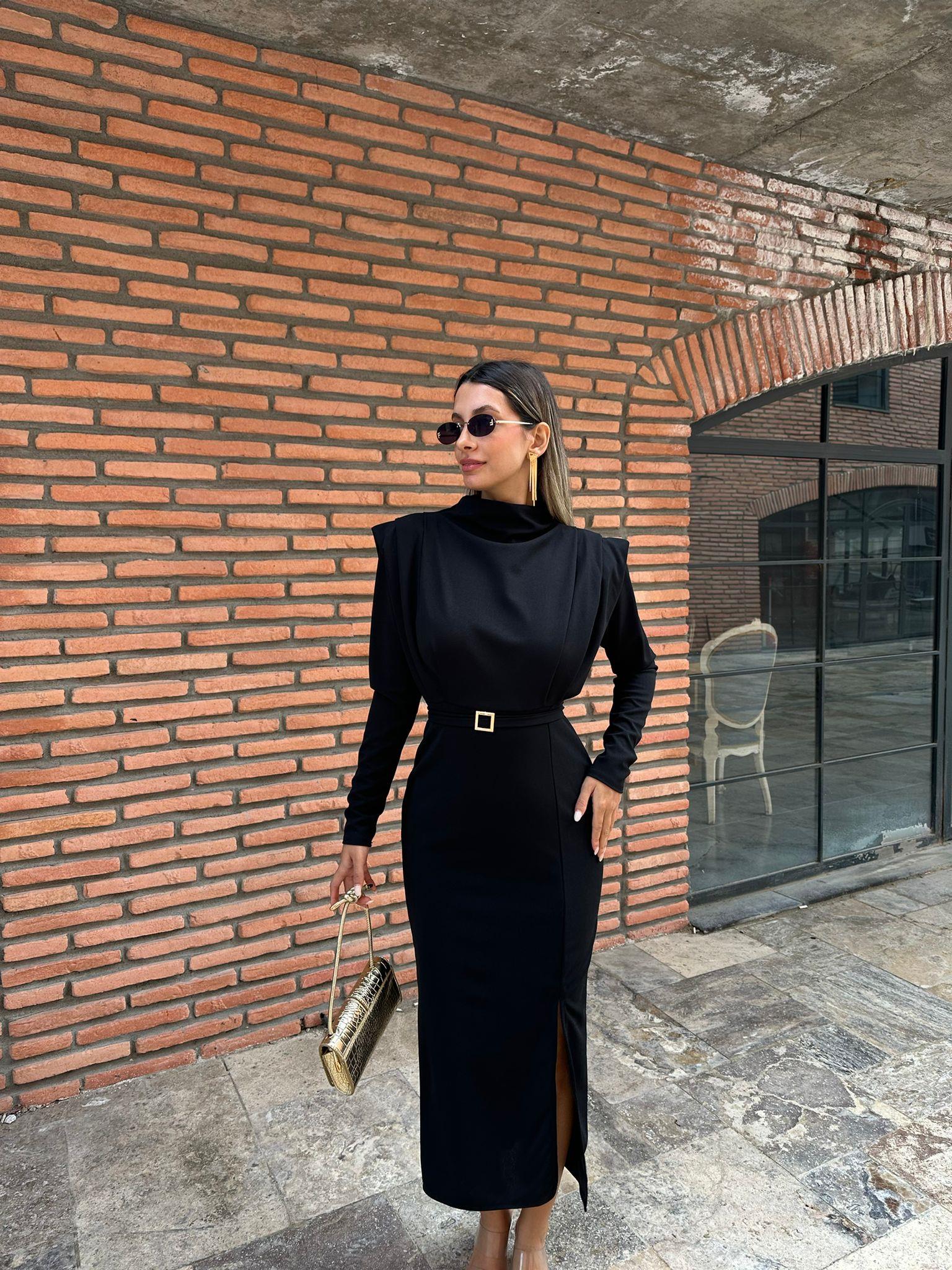 Alessi Gold Kuşaklı Siyah Elbise