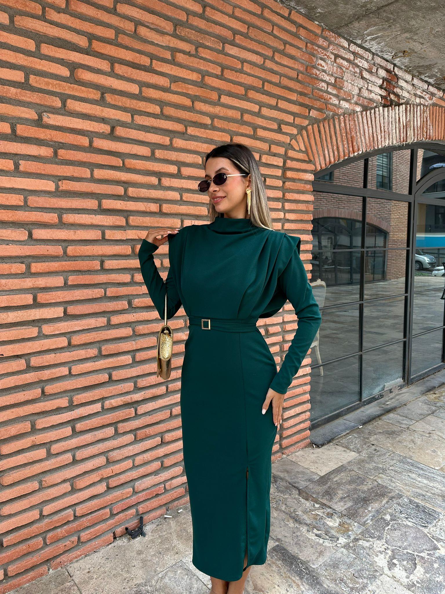 Alessi Gold Kuşaklı Yeşil Elbise