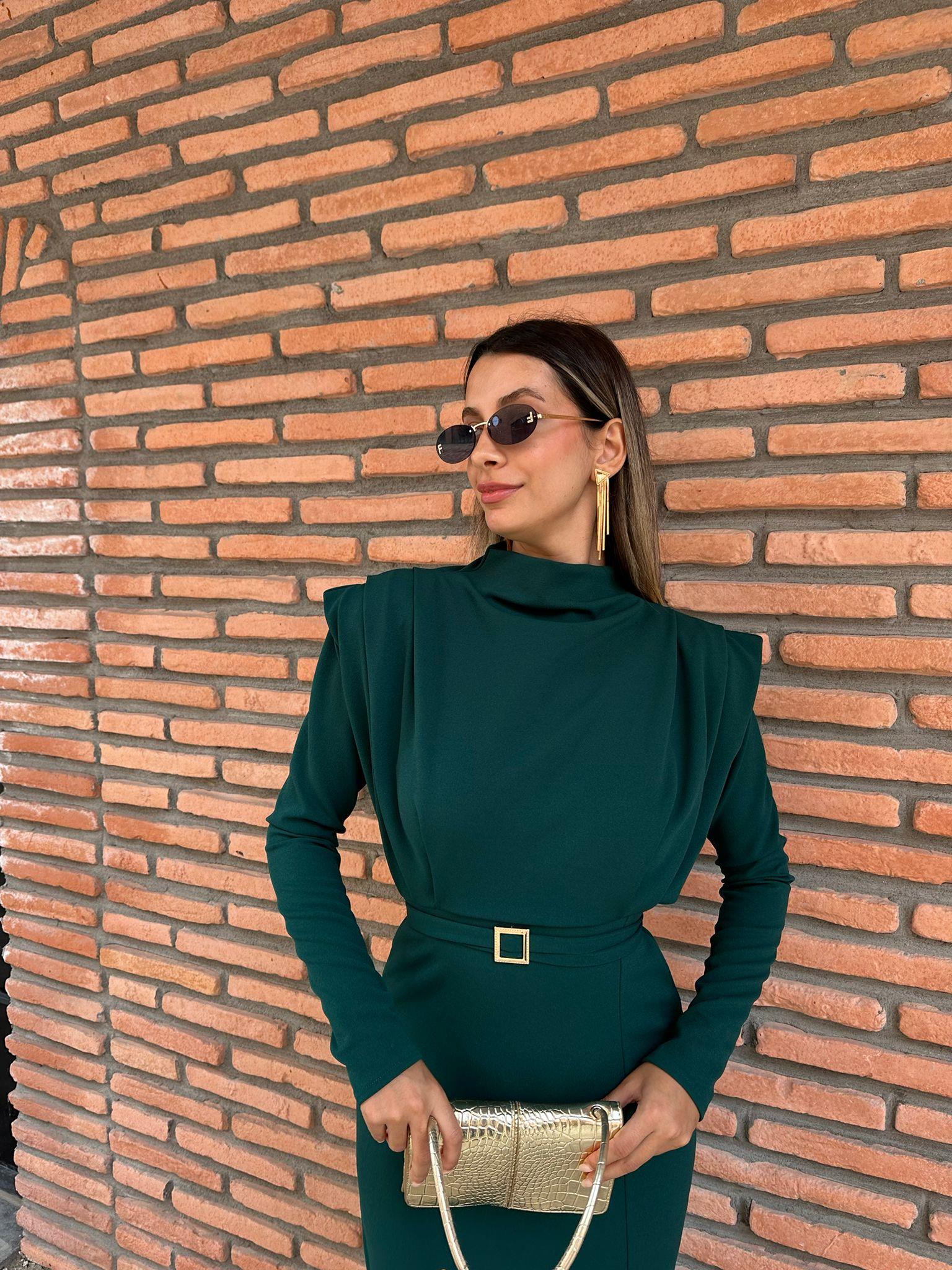 Alessi Gold Kuşaklı Yeşil Elbise