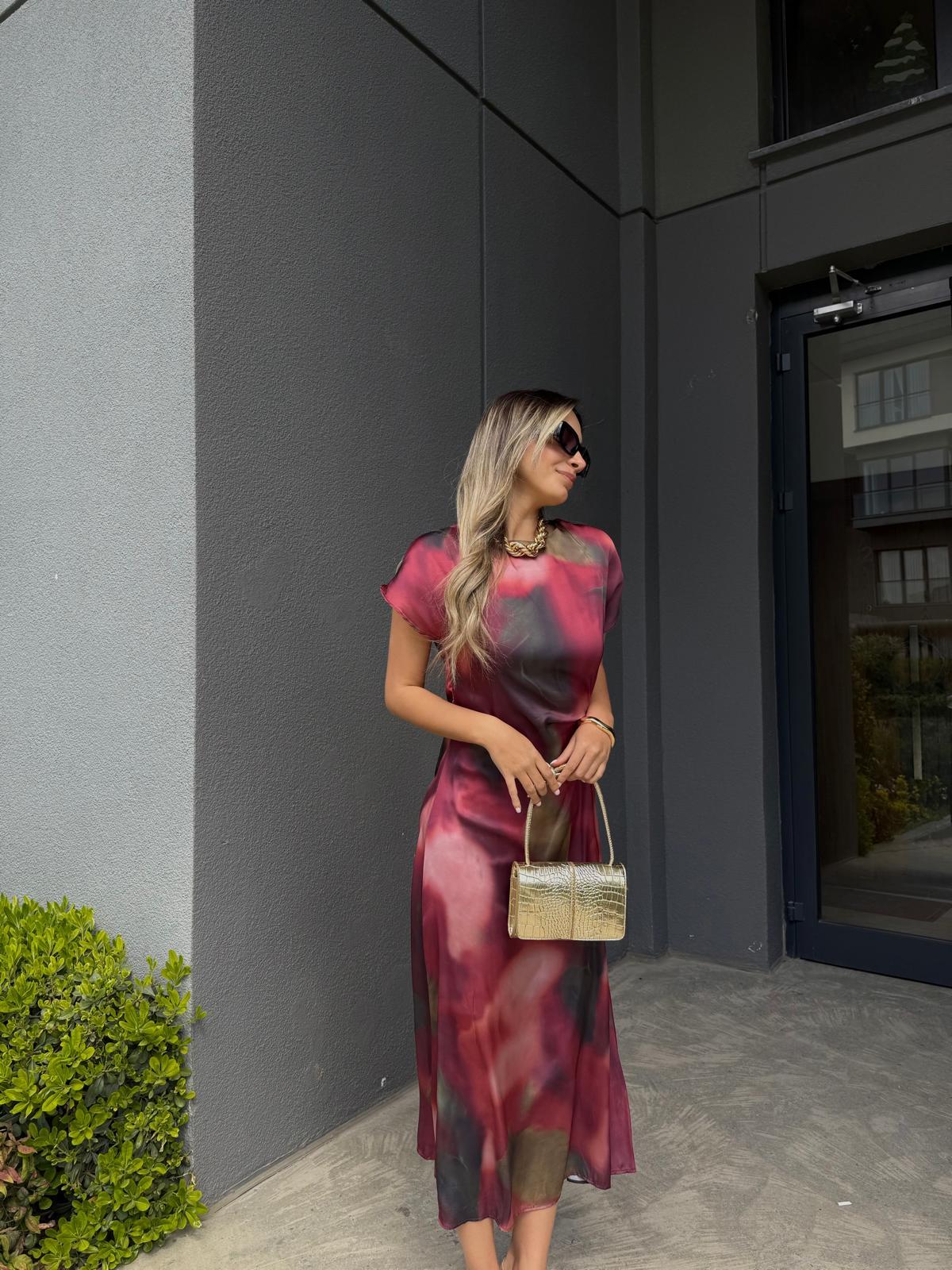 Zr Model Ruena Saten Bordo Elbise