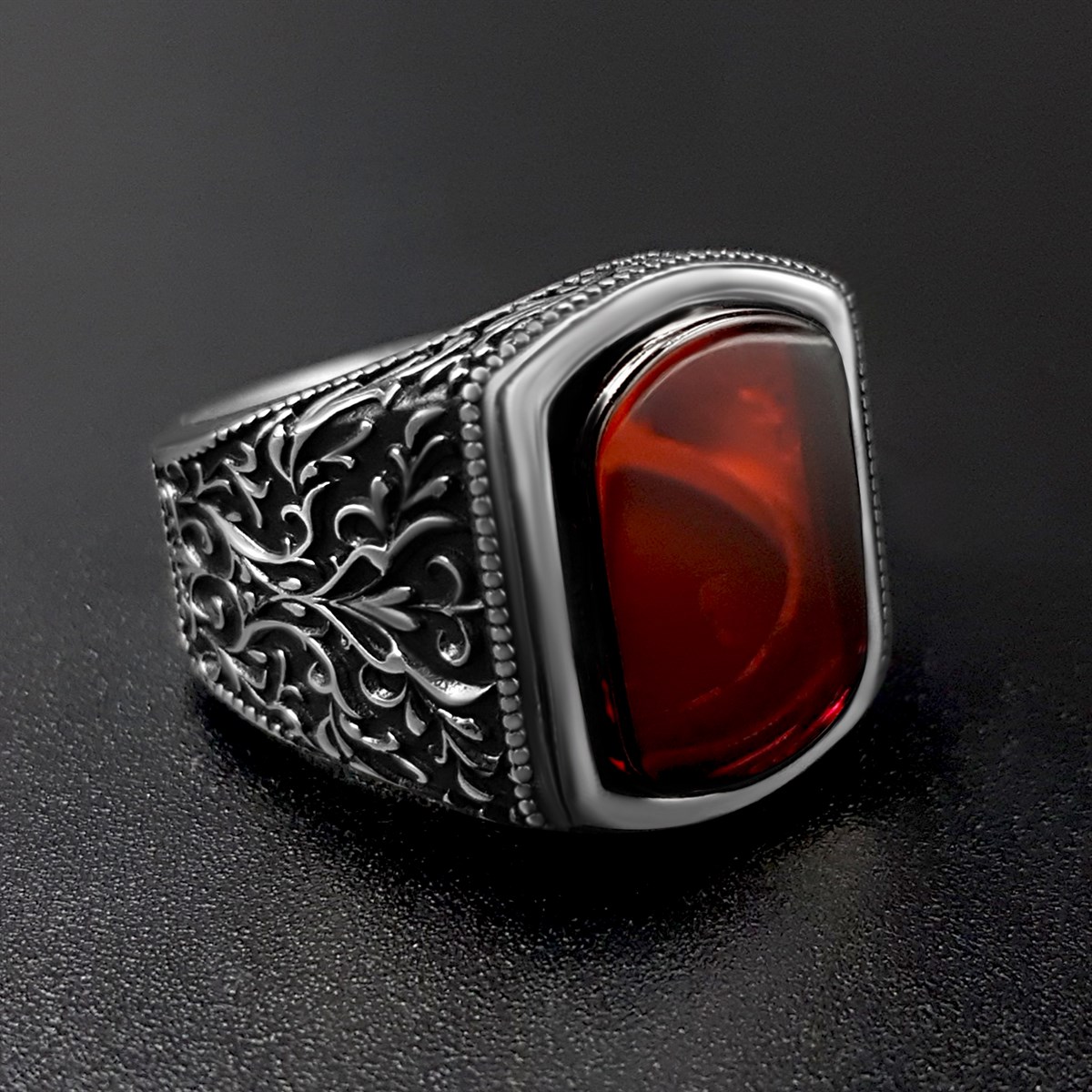 Akik Taş Üzeri Motifli Gümüş Yüzük - Diriliş Takı