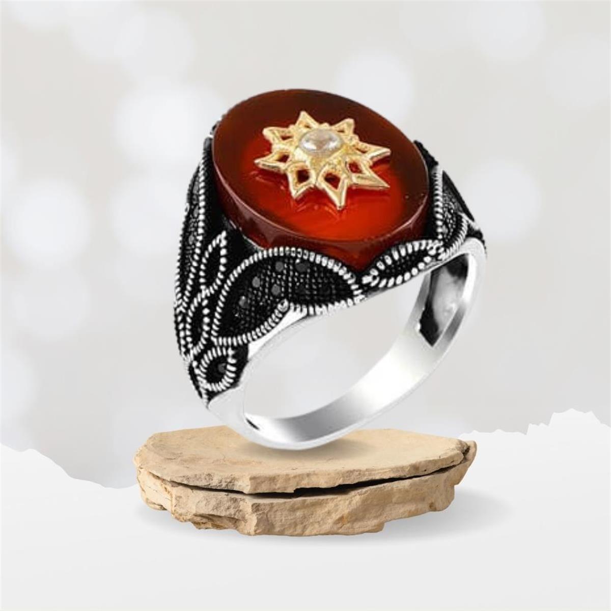 Akik Taş Üzeri Tektaş Gümüş Yüzük - Diriliş Takı