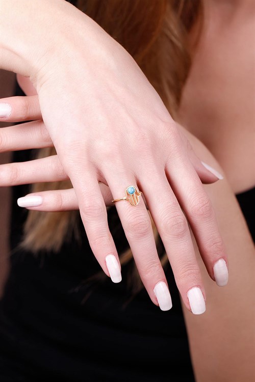 Firuze Taşlı Gold Rengi Ayarlanabilir Gümüş Yüzük - Diriliş Takı