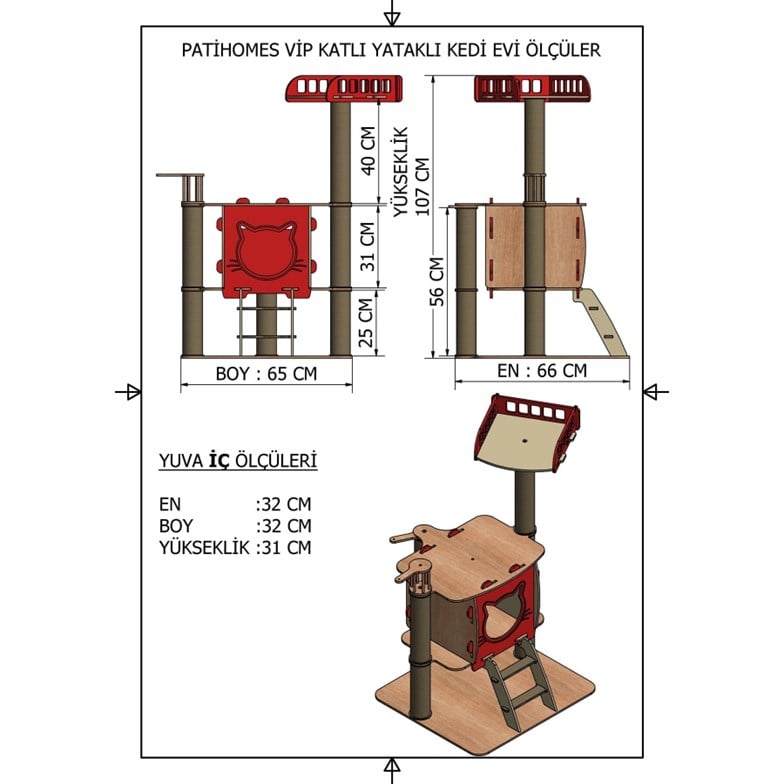 Pati Homes VİP Katlı Yataklı Tırmalamalı Kedi Evi - Pembe - Ereyon