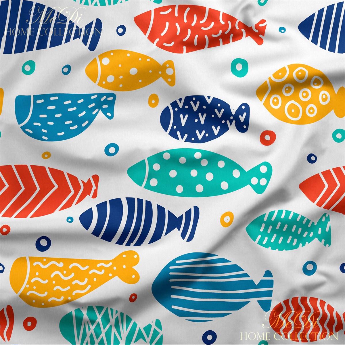 Renkli Balık Çizimi Desenli Dijital Baskılı Kumaş - MeDi HOME COLLECTION