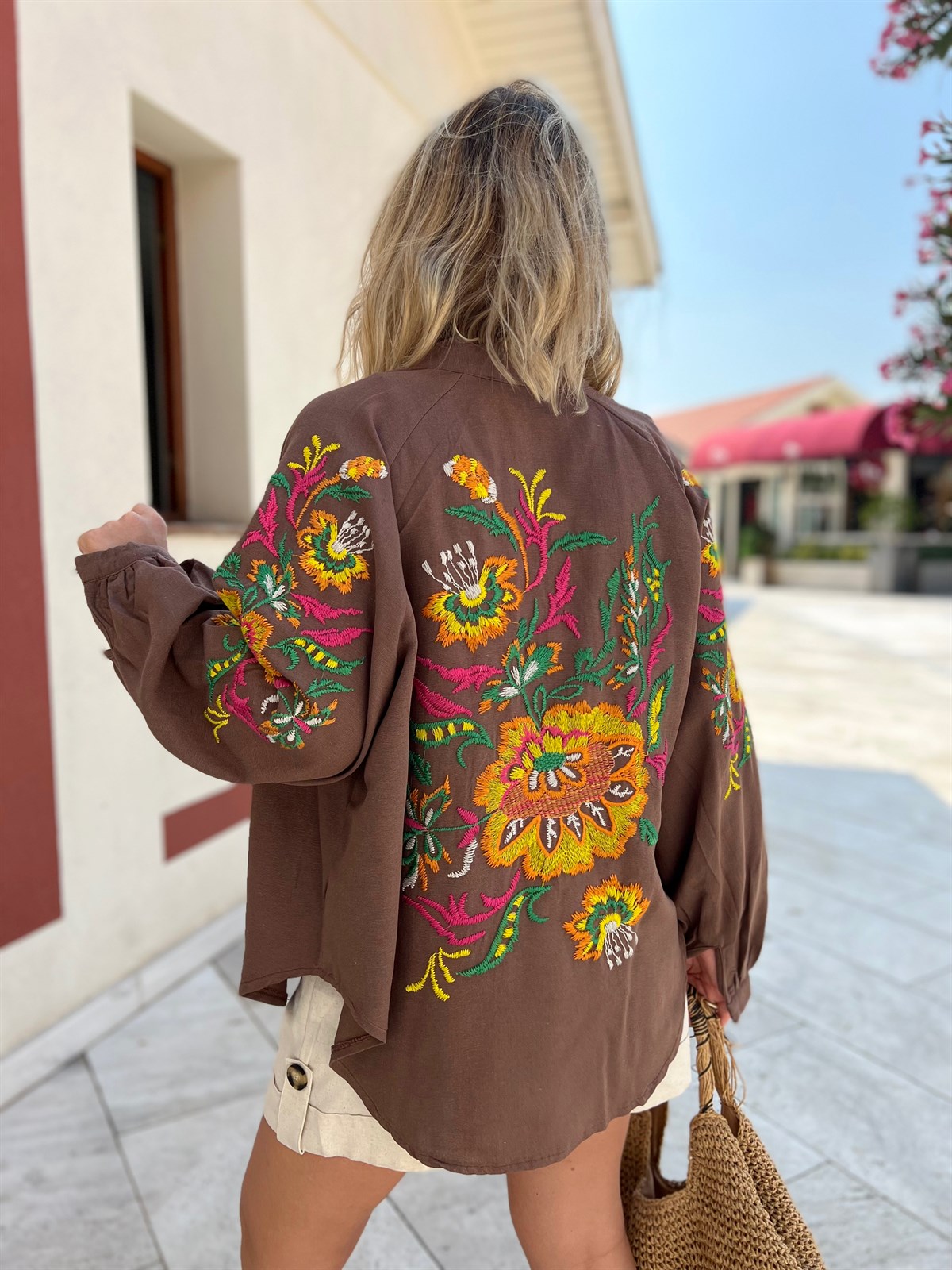 lemeli Kahverengi Keten Kimono