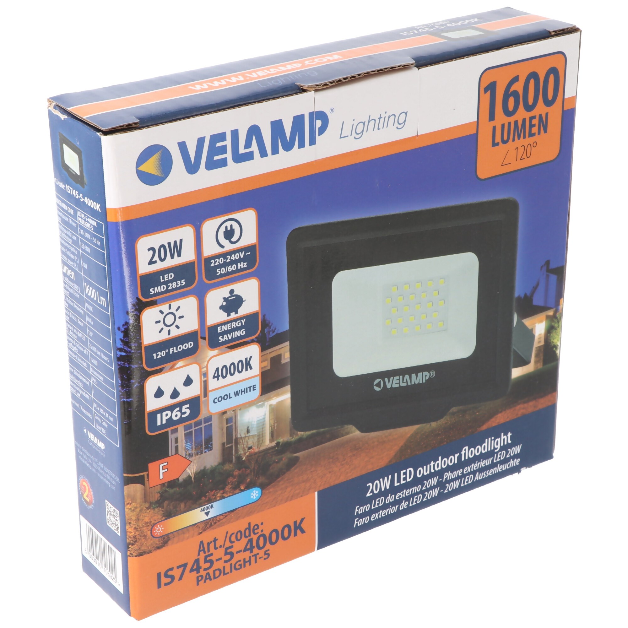 Velamp PADLIGHT5, SMD LED spot ışığı, 20W IP65, siyah 4000K