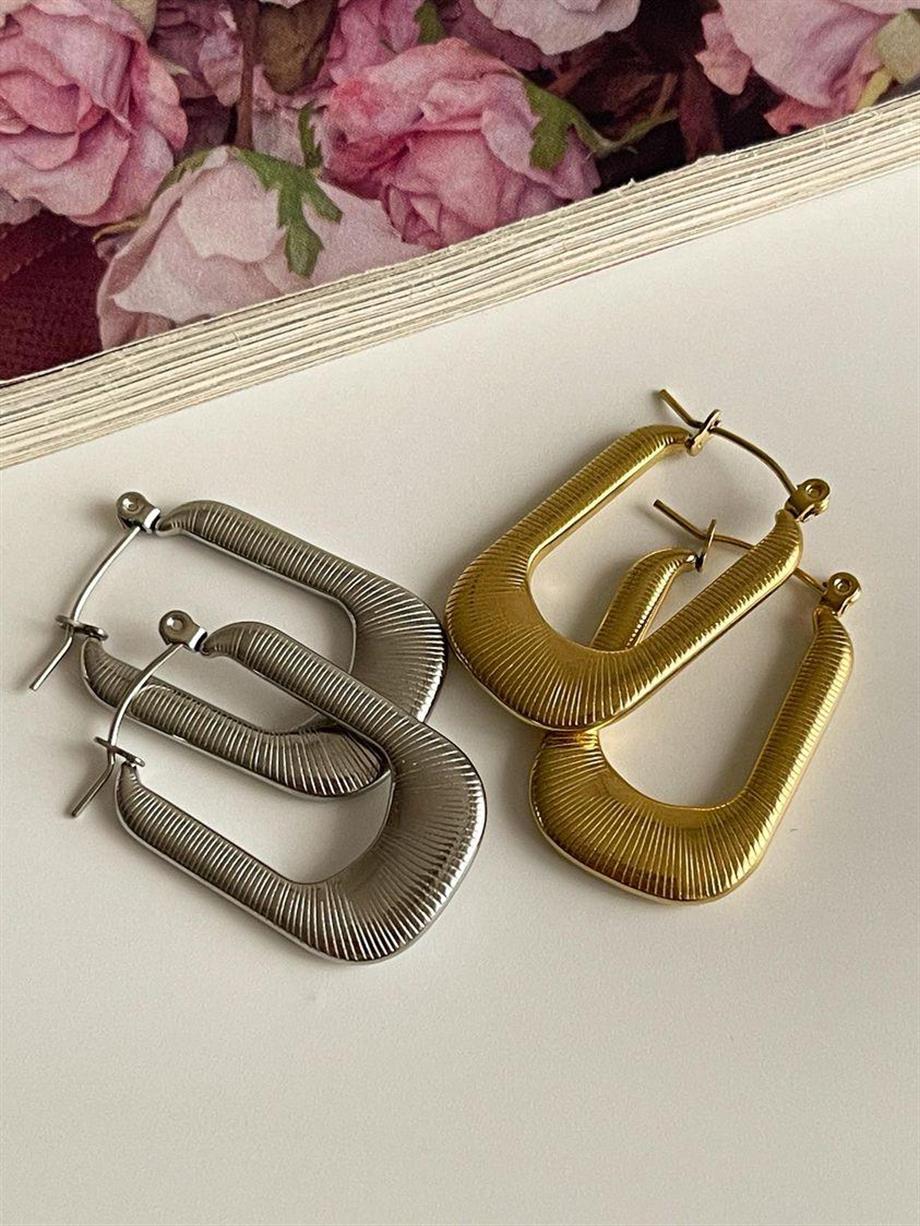 Çelik Gümüş Renk Steel Uzun Kare Midye Küpe (3 Cm)