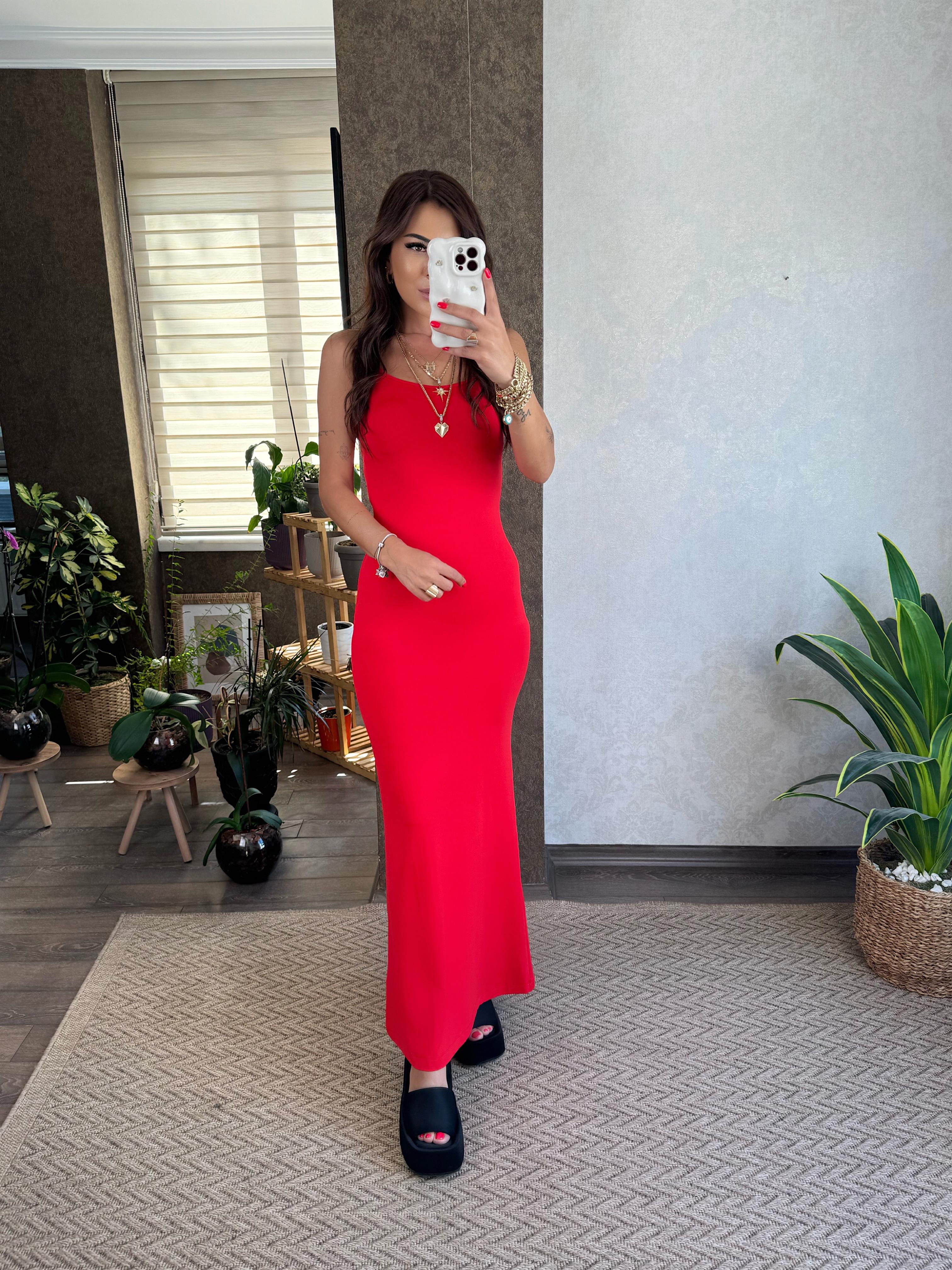 Kensan Kadın Kırmızı Askılı Maxi Boy Elbise