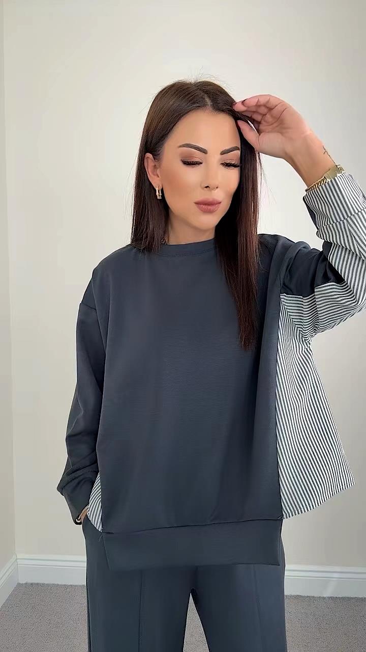 Loves Kadın Antrasit Gri Çizgi Detaylı İkili Takım