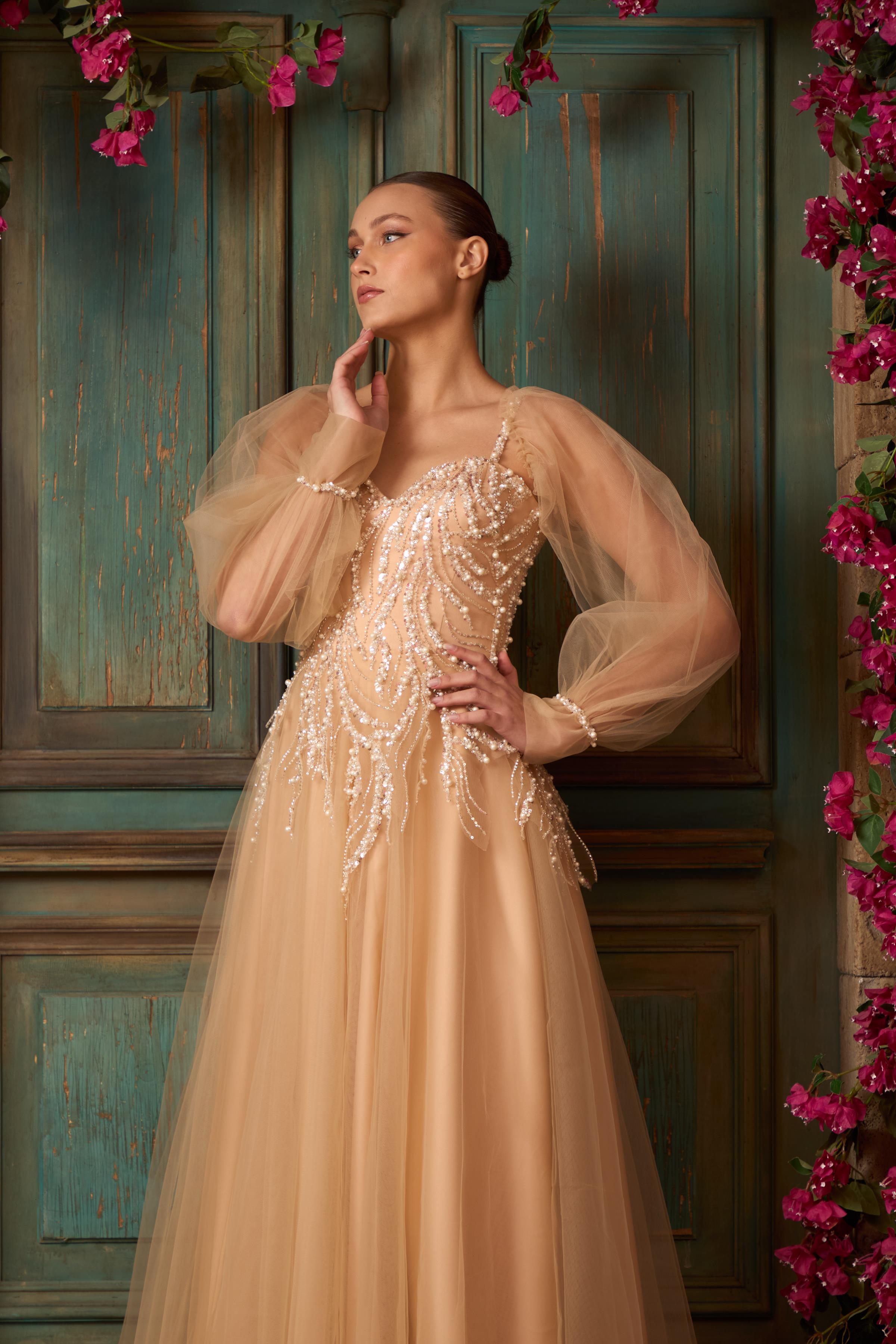 Ten Rengi İnci İşlemeli Dantel Kaplama Maxi Boy Abiye ve Gece Elbisesi