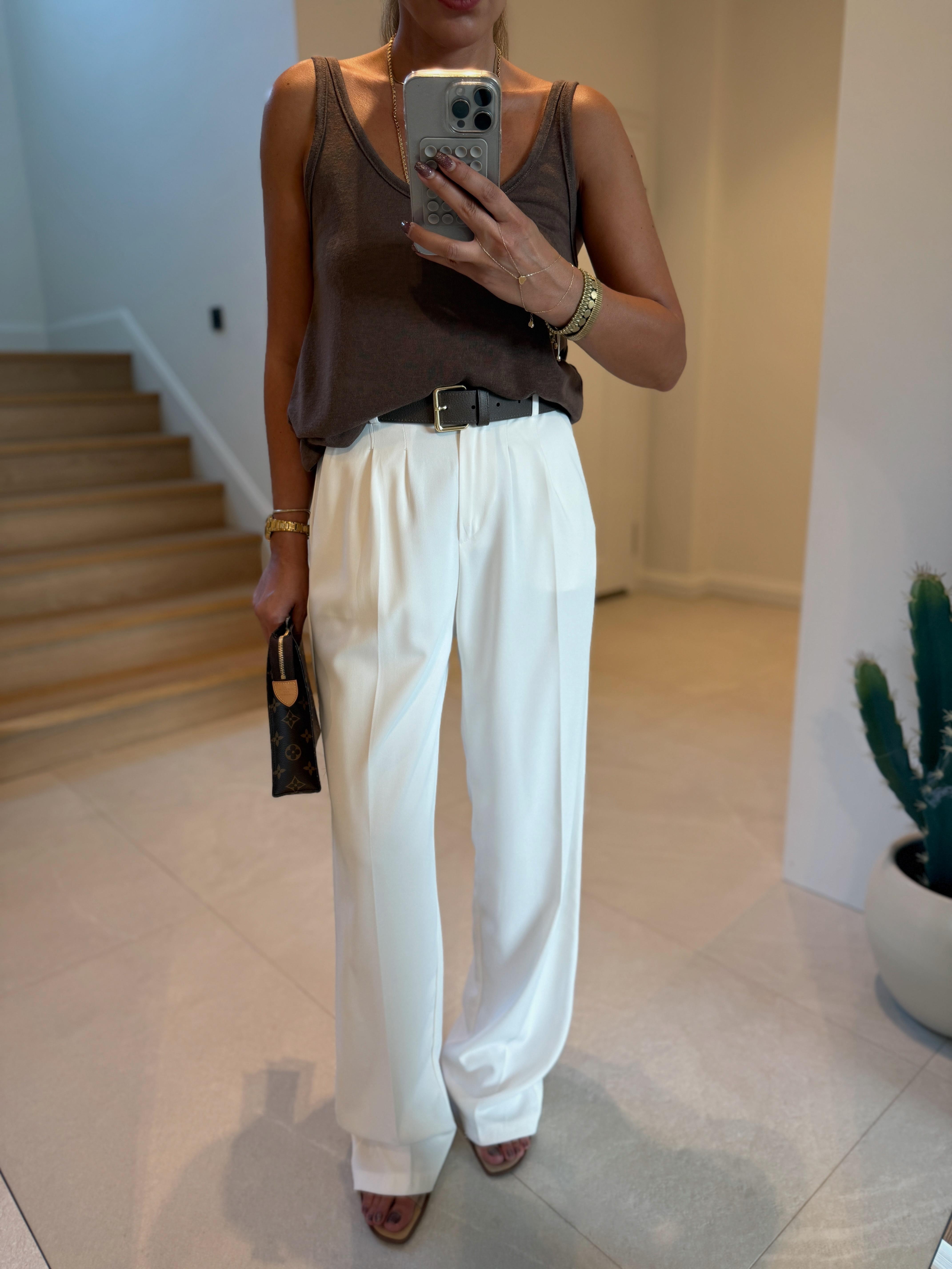 51078 Beyaz Pileli Palazzo Pantolon | Lukka Butik