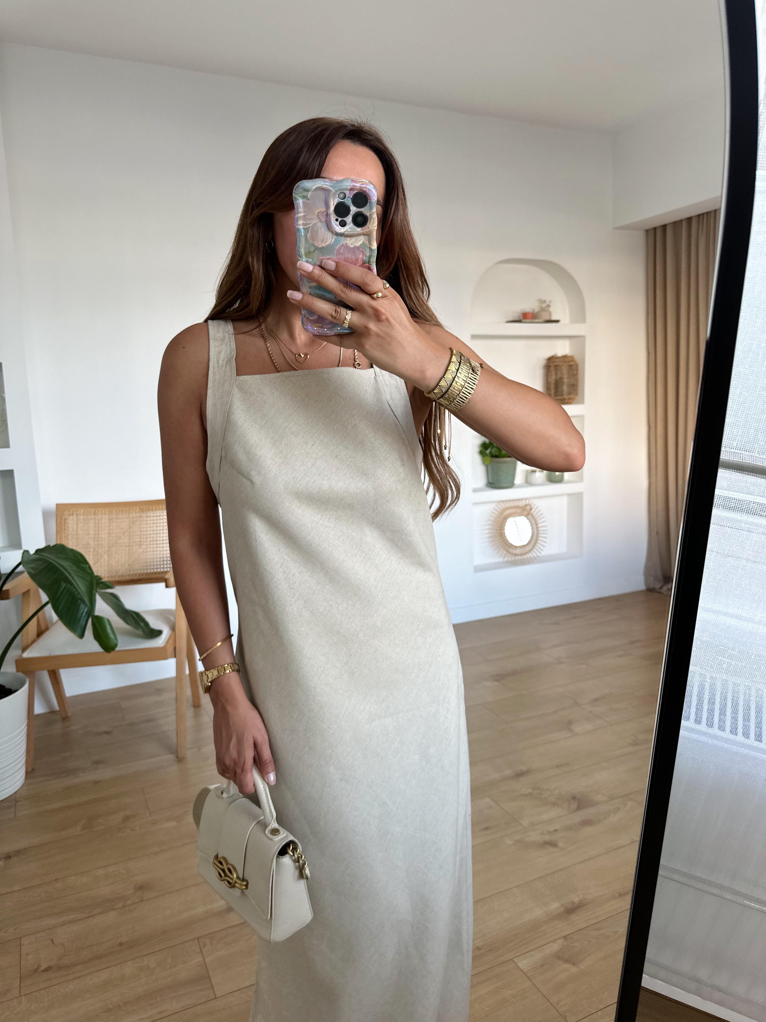 Taş Rengi Keten Kolsuz Elbise | Lukka Butik