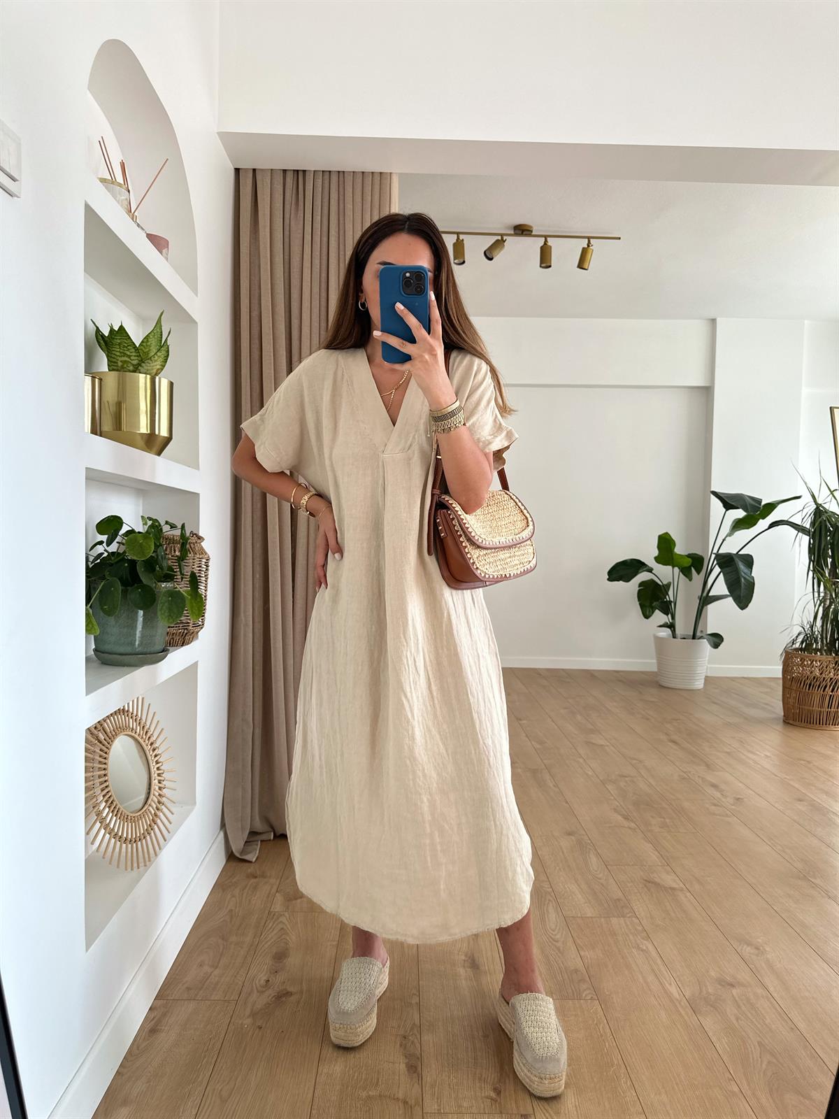 Taş Rengi Keten Salaş Elbise | Lukka Butik