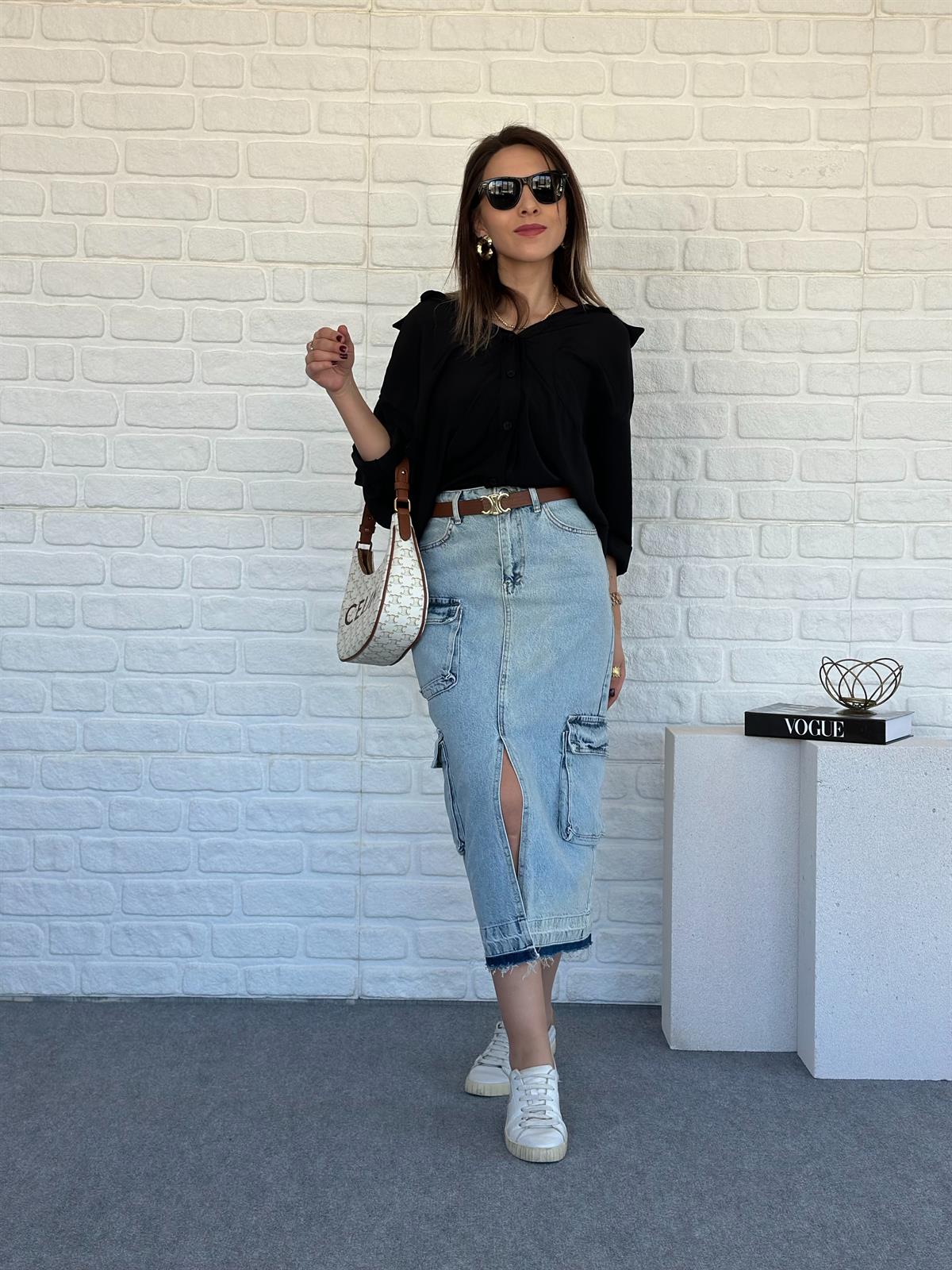 Cep Detaylı Kot Etek