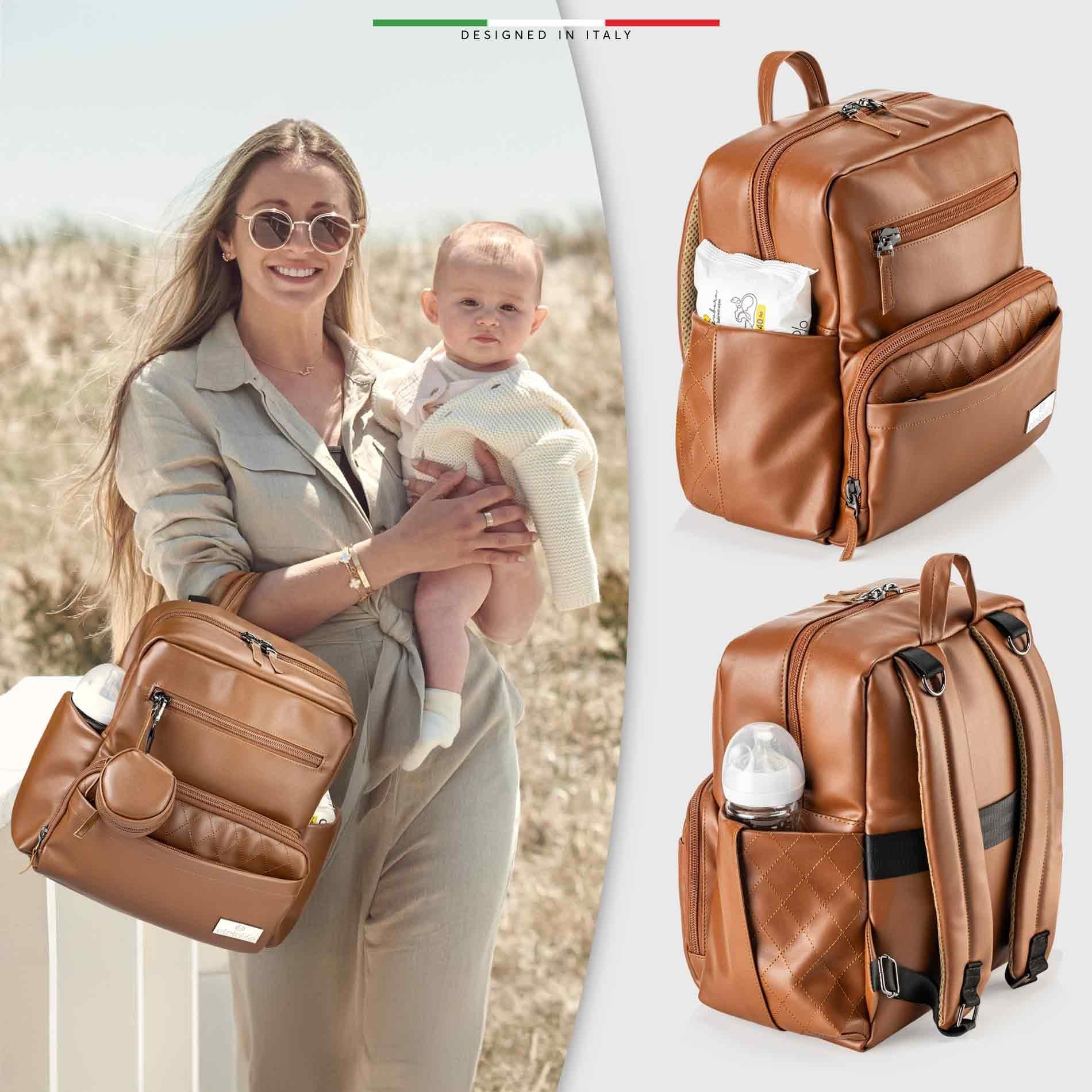 EleleLife Fuga Premium Deri Anne Bebek Bakım Sırt Çantası Taba - Elele Baby