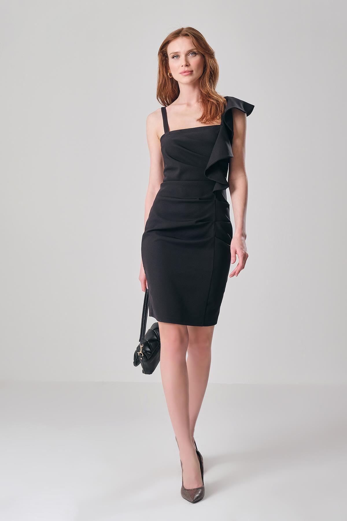 Volan Detaylı Askılı Mini Şık Elbise- EXPLOSİON