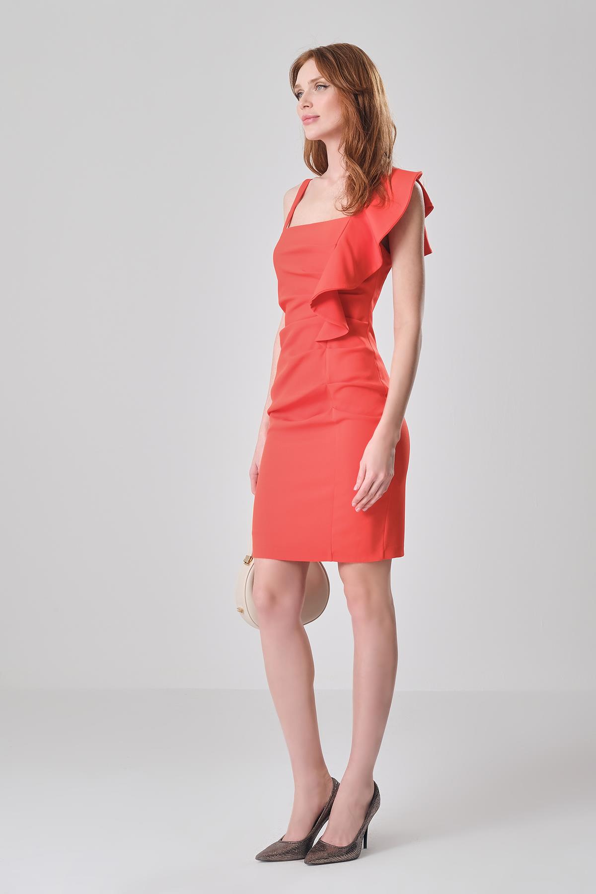 Volan Detaylı Askılı Mini Şık Elbise- EXPLOSİON