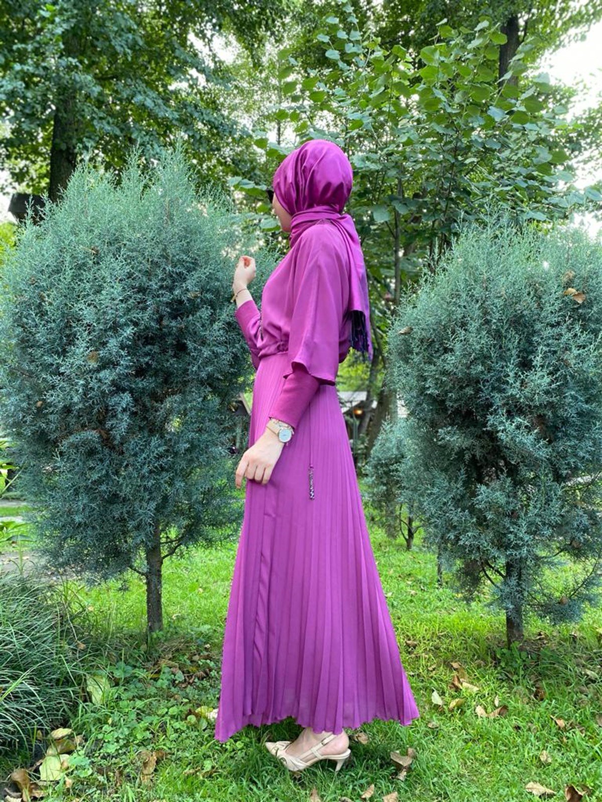 Hukka Design Plise Etekli Elbise Fuşya 020004