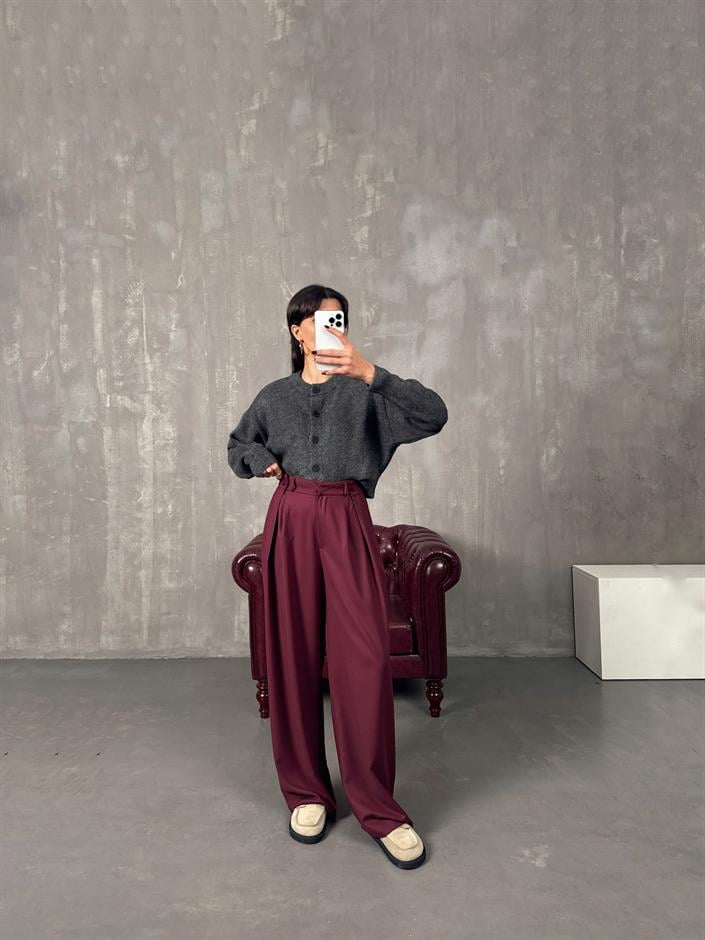 Frank Bordo Önden Düğmeli Pileli Bol Poliviskon Pantolon