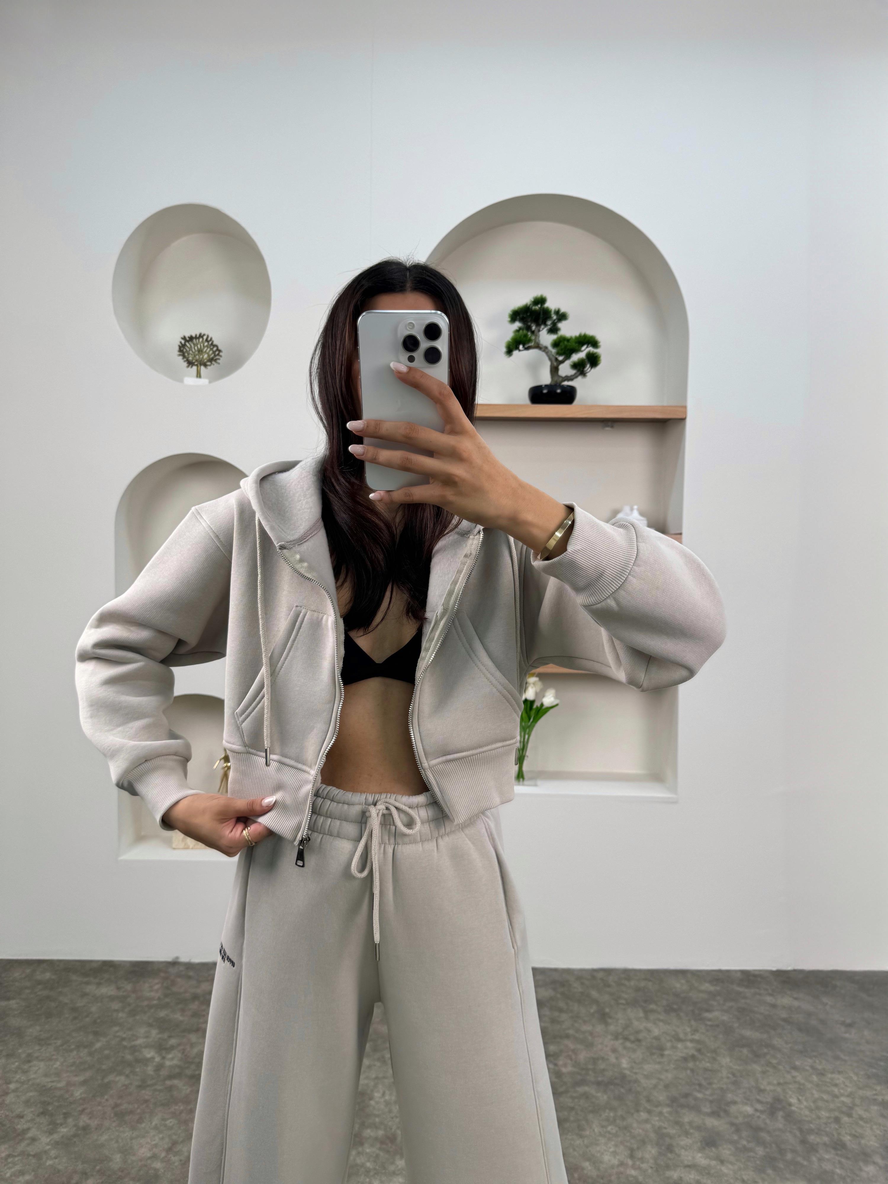 Anila Taş Üç İplik Şardonlu Baggy Alt Kapüşonlu Üst Eşofman Takımı