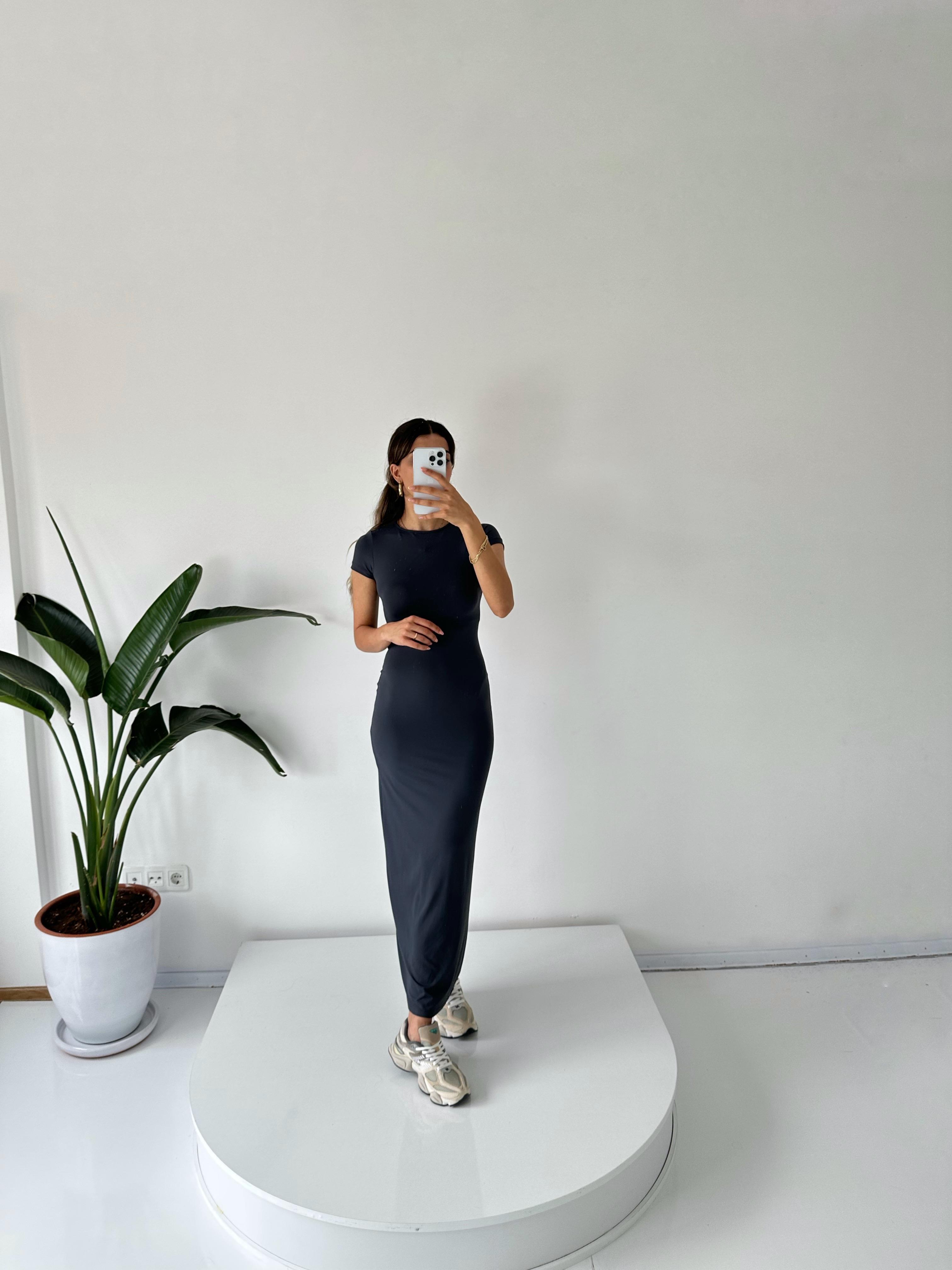 Antoni Antrasit Gri Bisiklet Yaka Maxi Elbise | GAUS