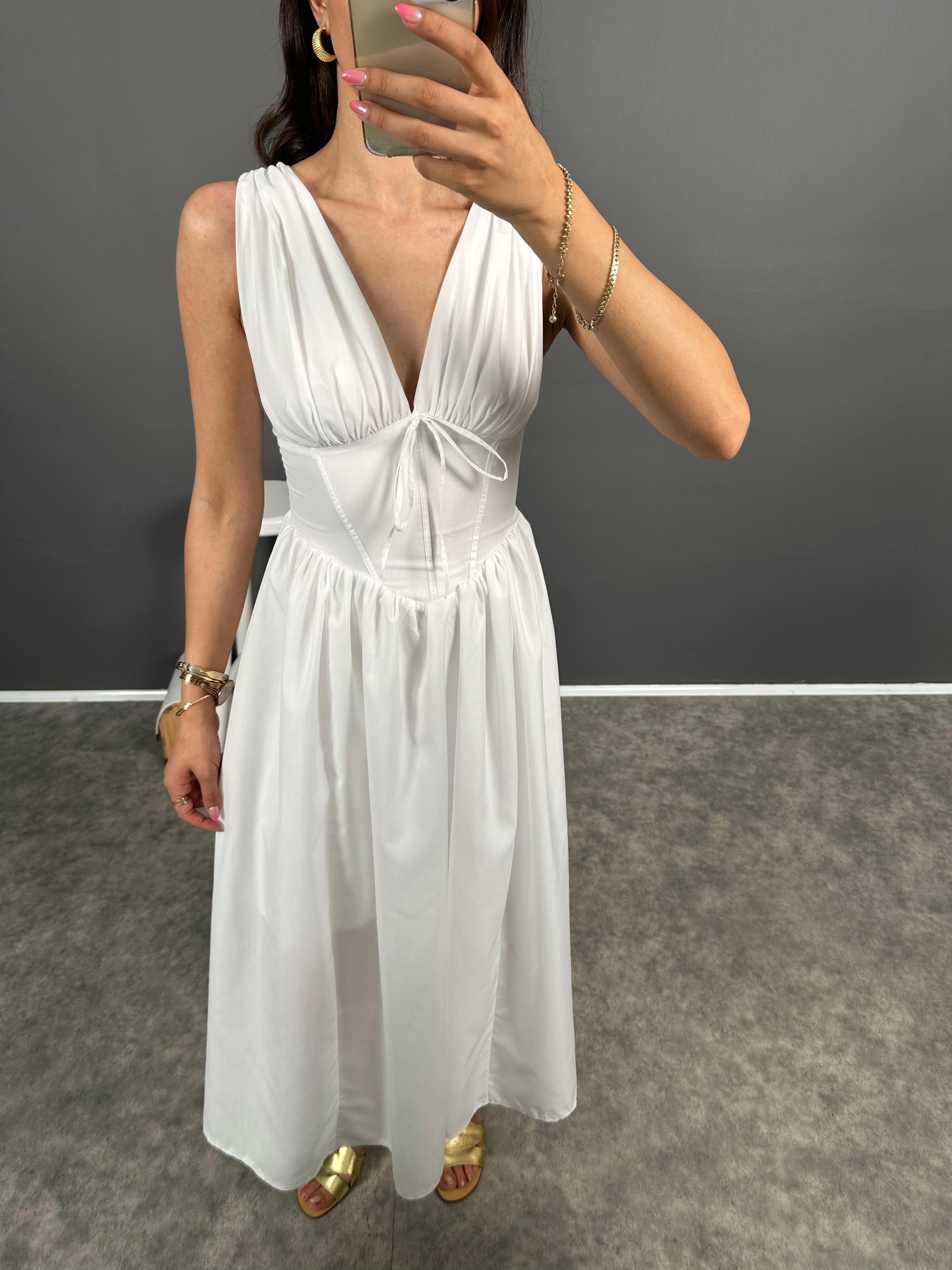 Reya Beyaz İp Detaylı V Yaka Beli Korse Detaylı Astarlı Uzun Elbise