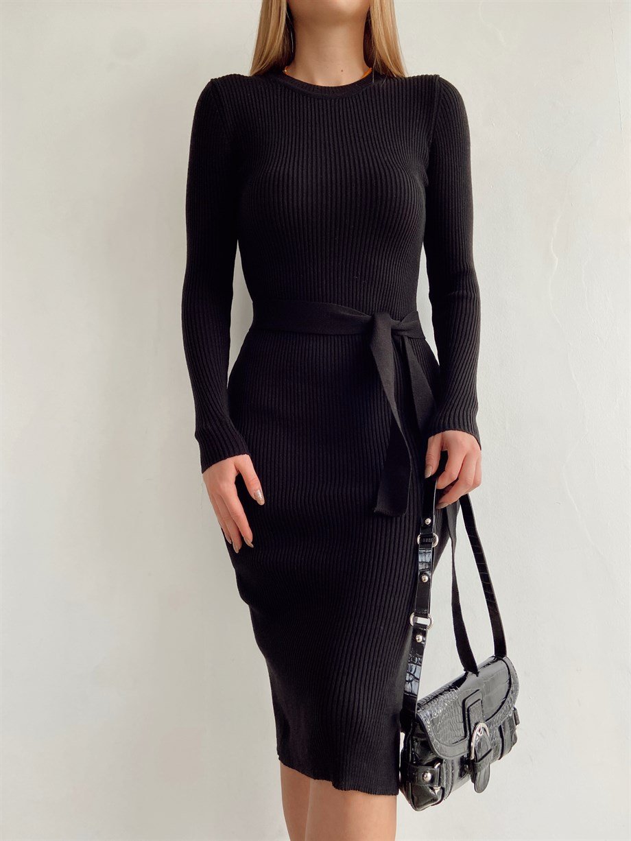 Kuşaklı Triko Elbise Siyah