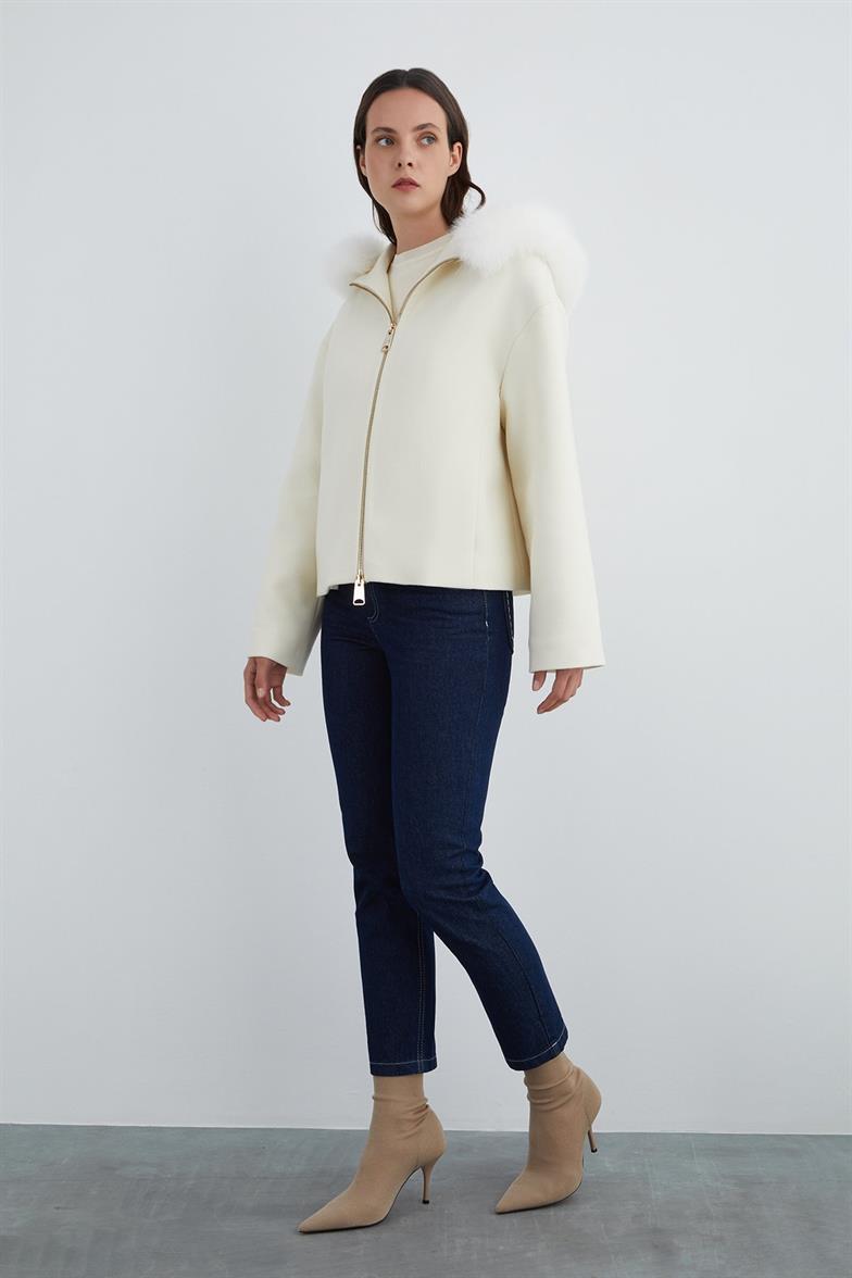 Hooded Fur Trimmed Box Form Short Ecru Coat