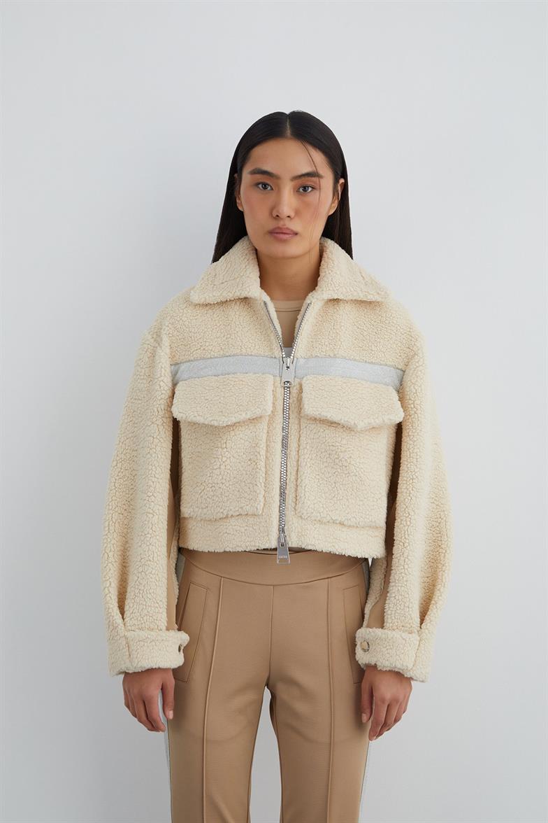 Beige Plush Jacket with Stripe Ribbon Detail