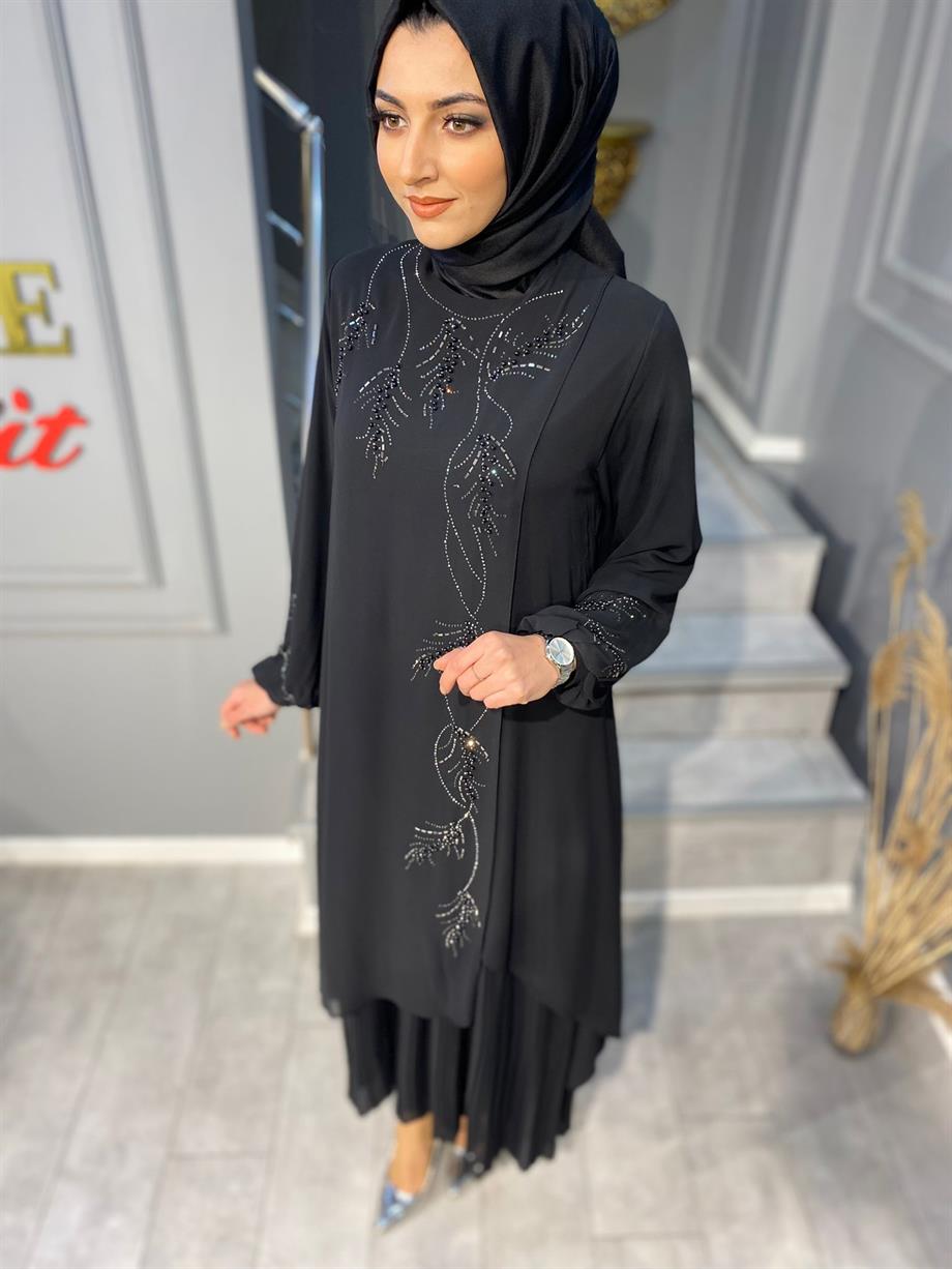 NEVON 4412 TAŞ İŞLEME VE PİLİSE DETAYLI ABİYE ELBİSE