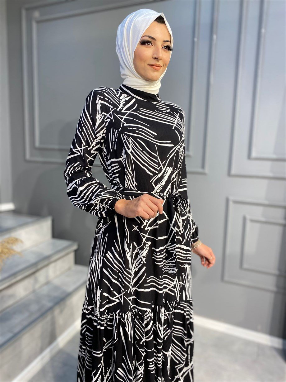 NEVON 776 ÖZEL KOLEKSİYON KENDİNDEN DESENLİ TİRİL TİRİL KUMAŞ ELBİSE ...