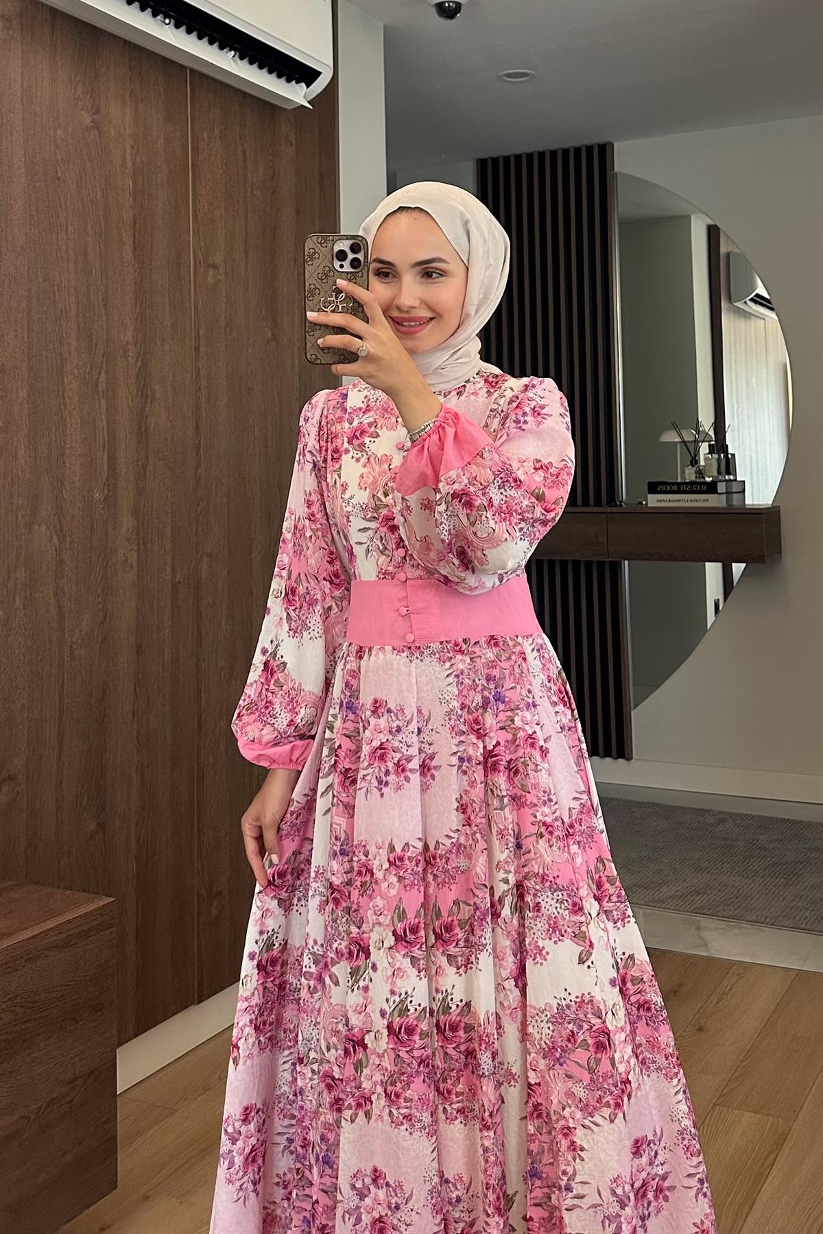 Semia Brit Düğme Detaylı Elbise - PEMBE