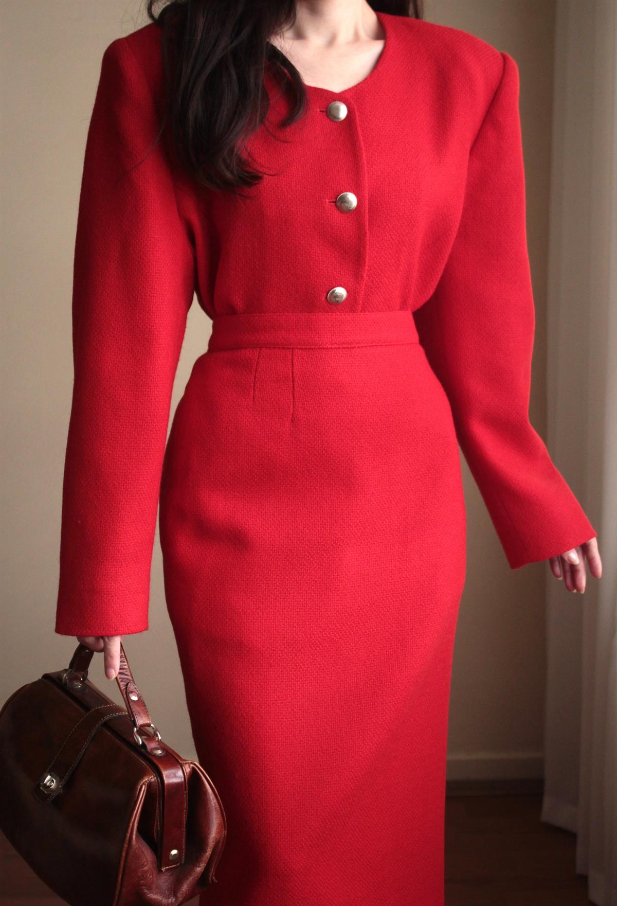 Italy Tailored %100 Saf Yün Kırmızı Vintage Tayyör