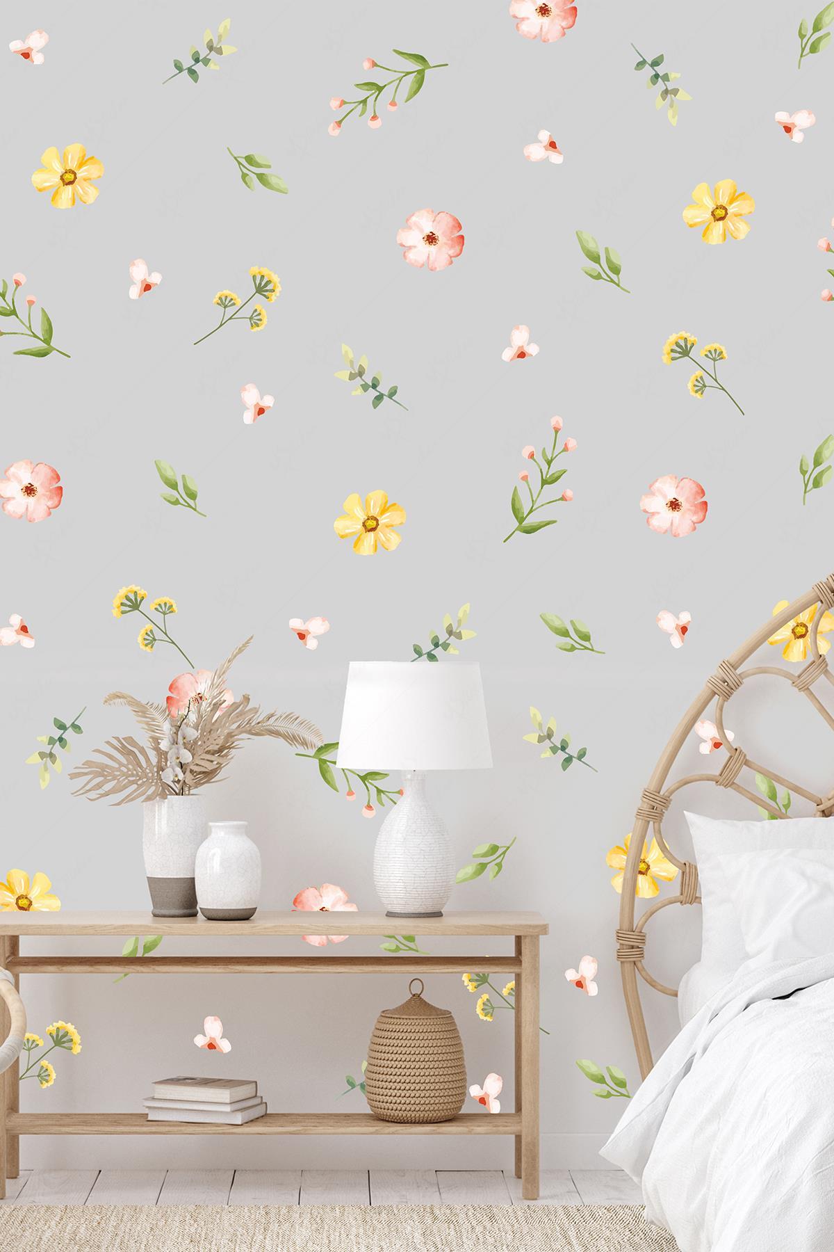 Soft Renklerde Çiçekler ve Yapraklar Duvar Cam Sticker Seti