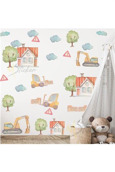 İş Makinaları Duvar Sticker Seti, İş Makinaları Kepçe ve Evler Ağaçlar ...