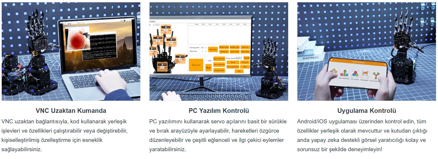 Hiwonder uHandPi Raspberry Pi 5 4GB Robotik El AI Görüş Python Programlama Sol El