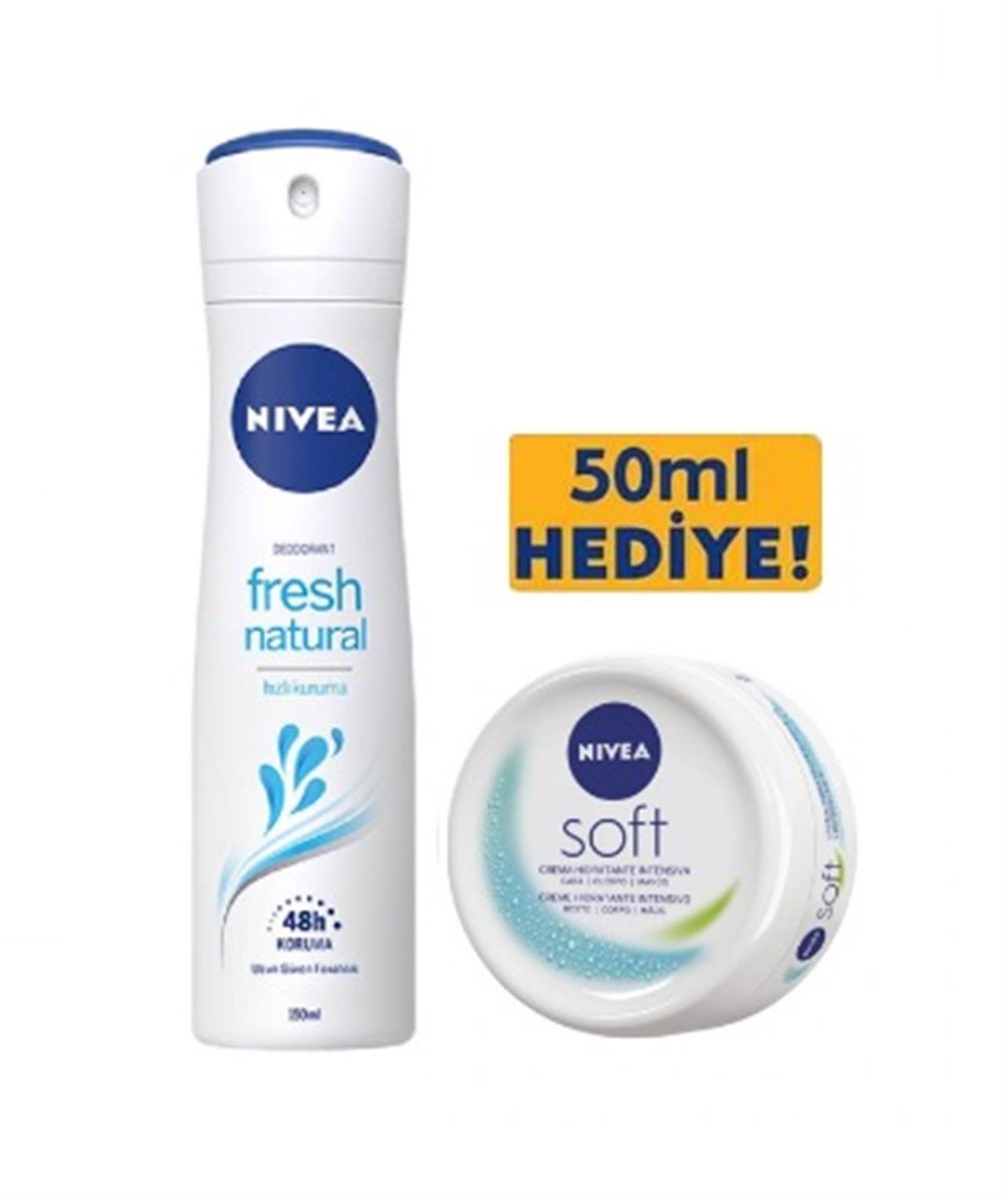 Nivea Kadın Deodorant Fresh Natural Sprey 150 ml + Nivea Soft Nemlendirici Krem 50 ml - Platin