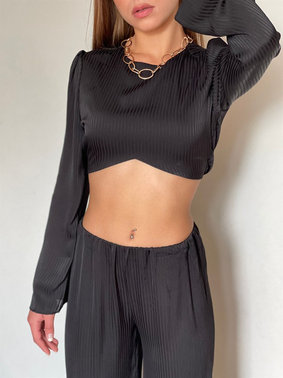 Fitilli Crep Kumaş Beli Lastikli Pantolon Crop İkili Takım