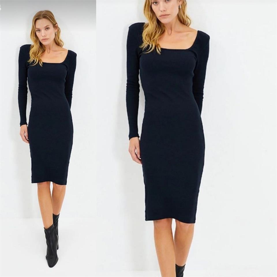 İthal Kaşkorse Kumaş Kare Yaka Uzun Kollu Kalem Elbisemiz