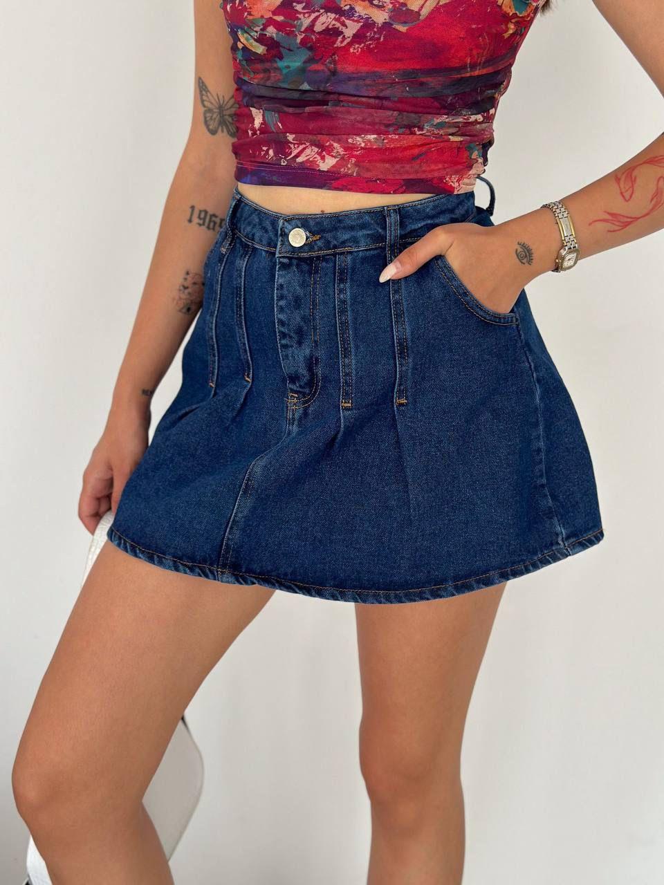 Lacivert Jean Kumaş Pensli Mini Kot Etek