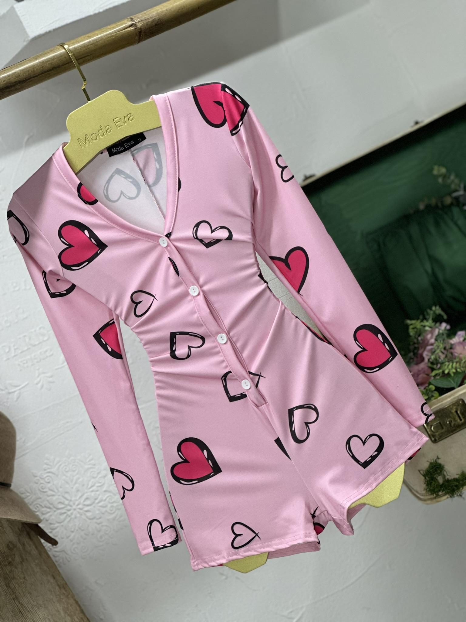 Micro Kumaş Pembe Kalpli Şort Tulum