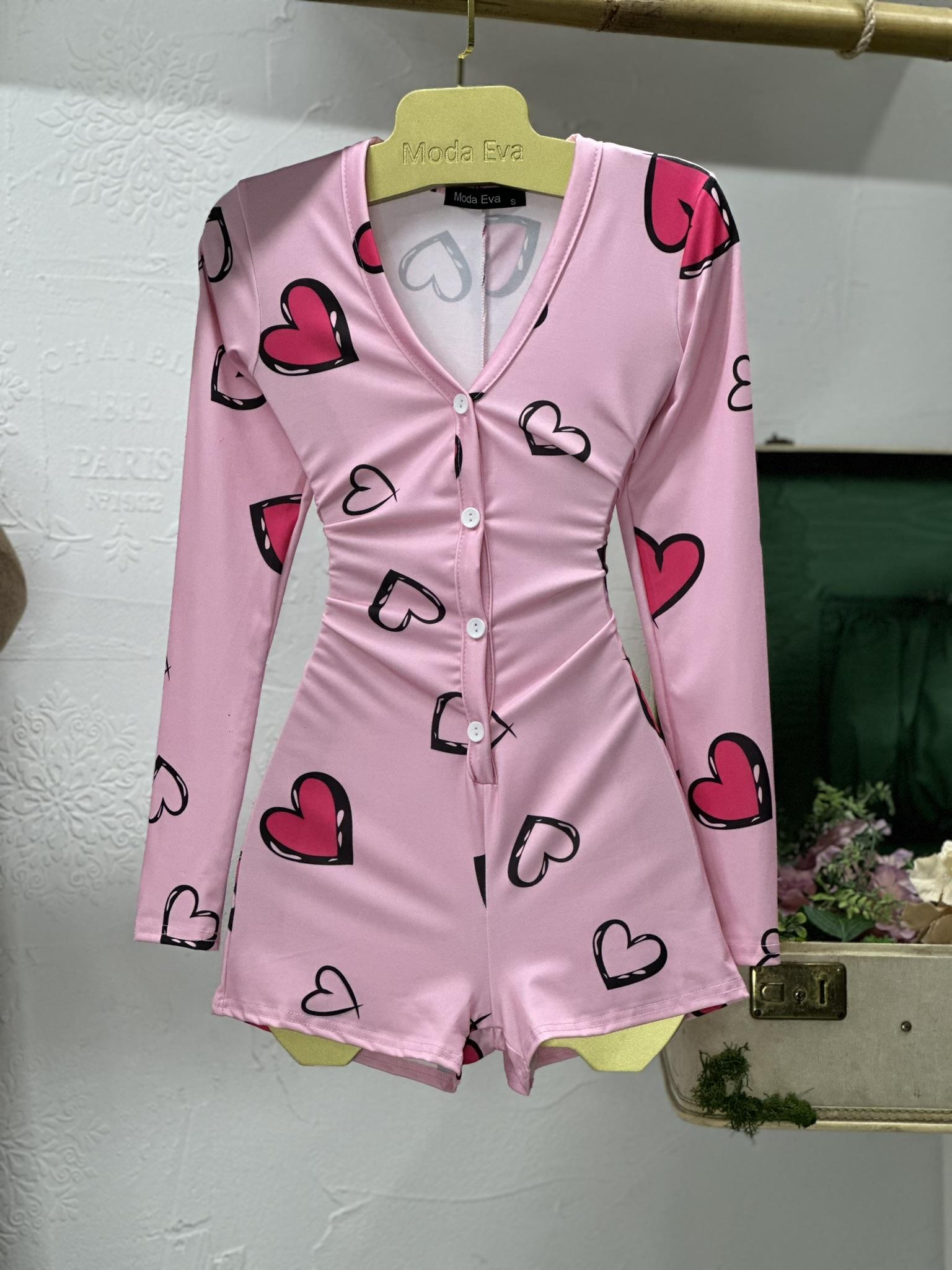 Micro Kumaş Pembe Kalpli Şort Tulum